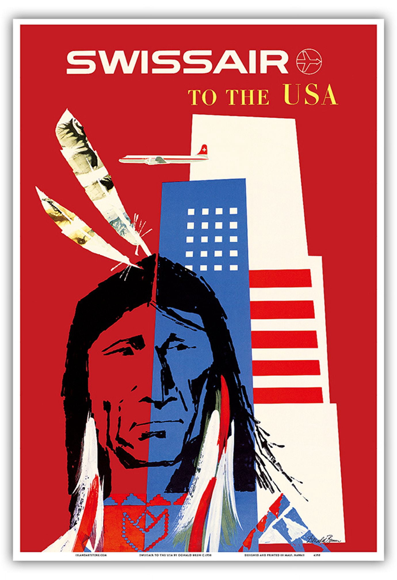 SwissAir to the USA - Native American - Vintage Airline Travel Poster ...