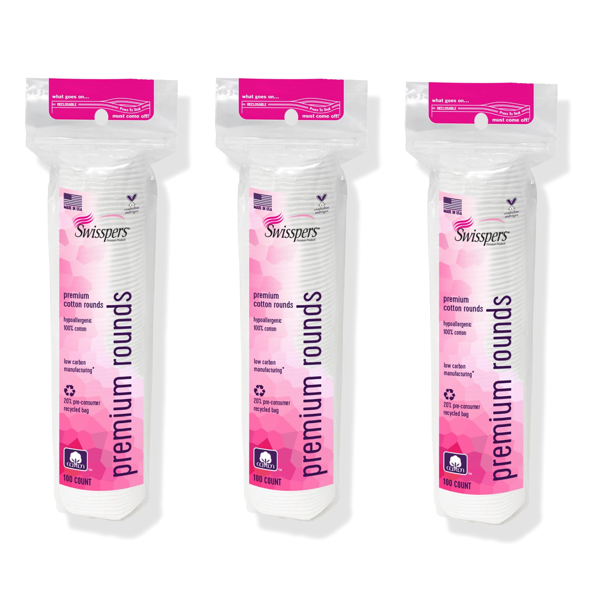 Swisspers Premium Cotton Rounds HMF23 - 100 Count (Pack of 3) - 100% Pure Cotton - Soft ...