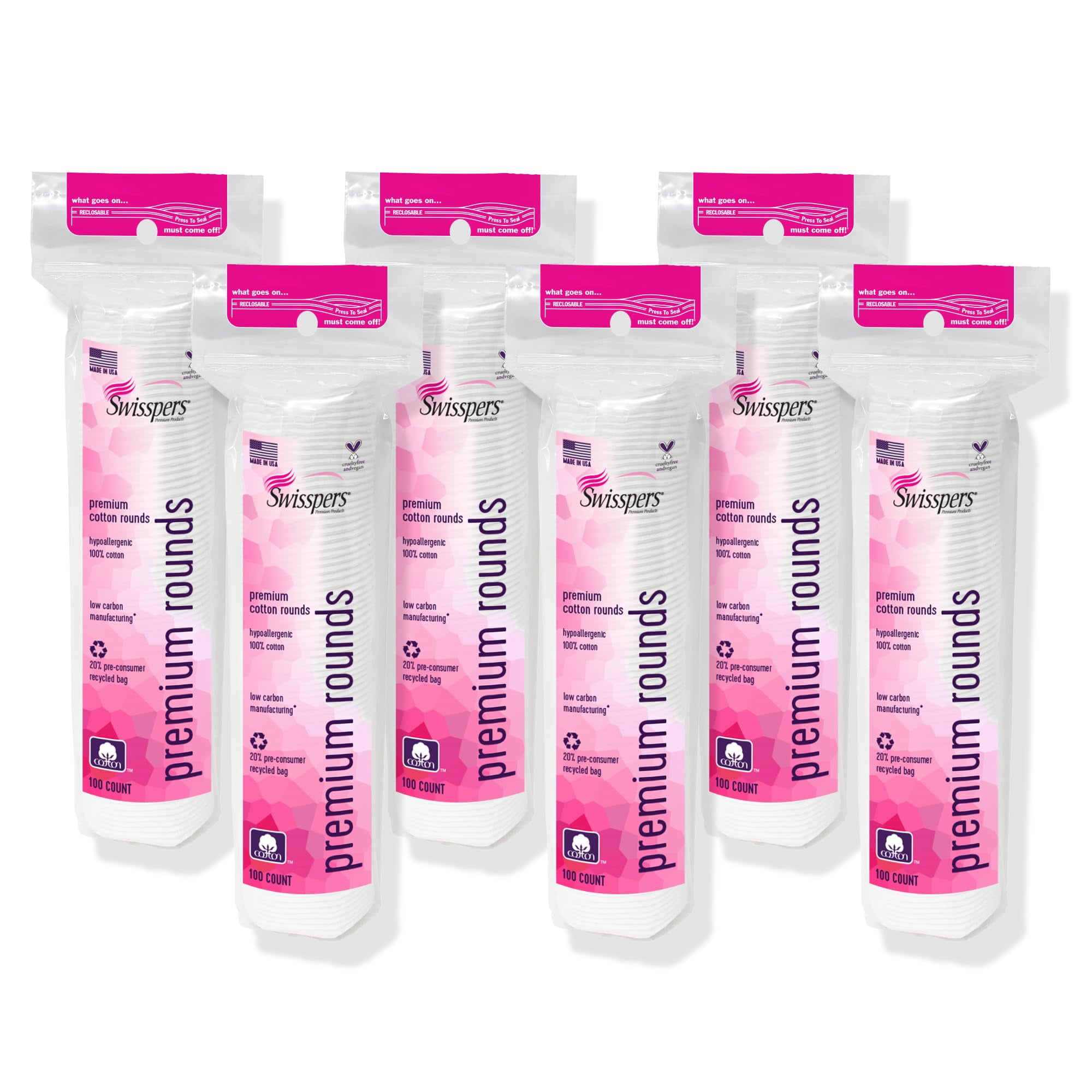 Swisspers Premium Cotton Rounds JKF25 - 100 Count (Pack of 6) - 100% Pure Cotton - Soft ...