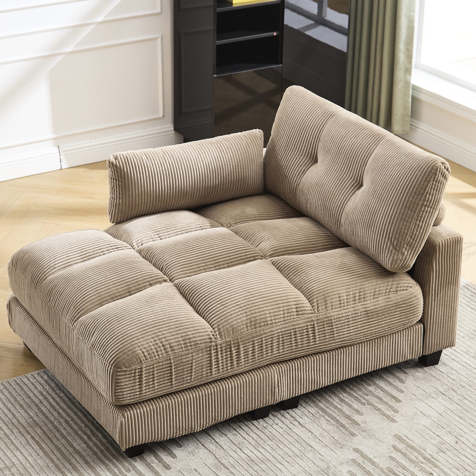 Switchable armrest corduroy lounge chair convertible to sofa bed with ...