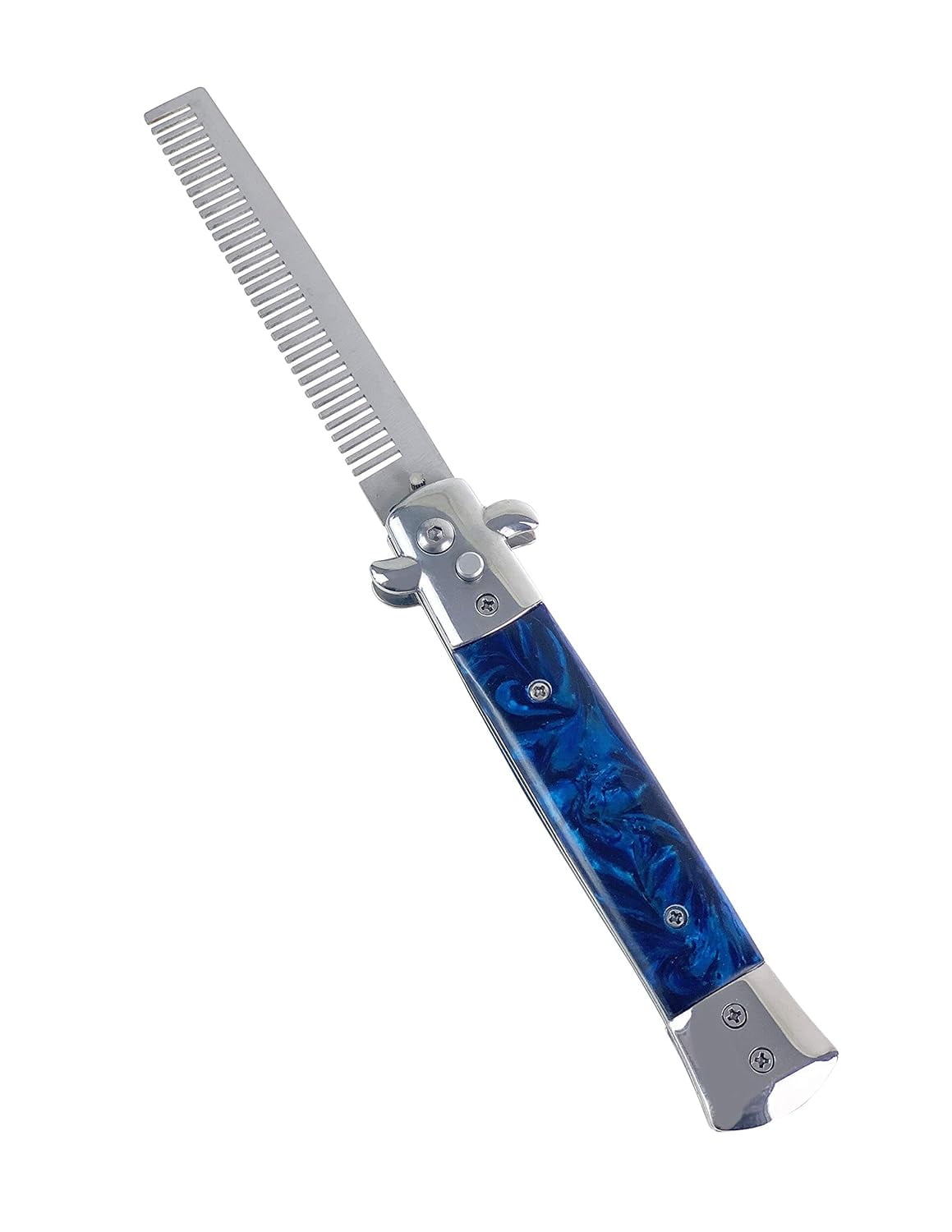 Switchblade Comb Pocket Knife Hair Brush Automatic Push Button Folding Barber (Blue Marble ...