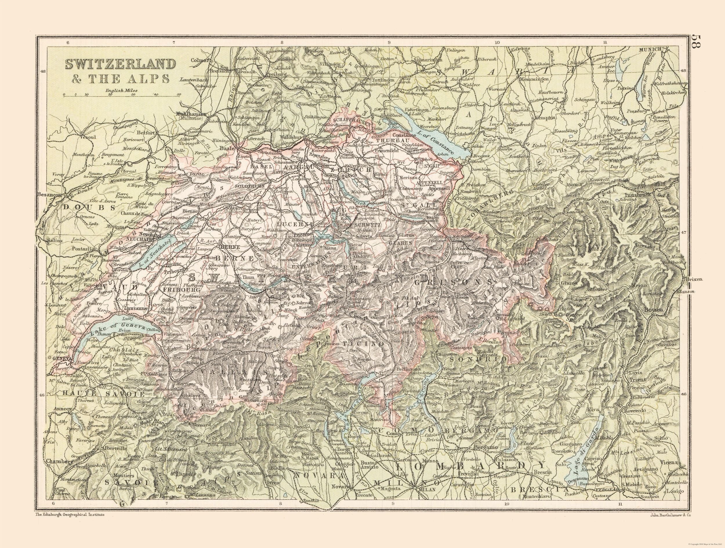 Historic Map - Switzerland Alps - Bartholomew 1892 - 30.44 x 23 ...