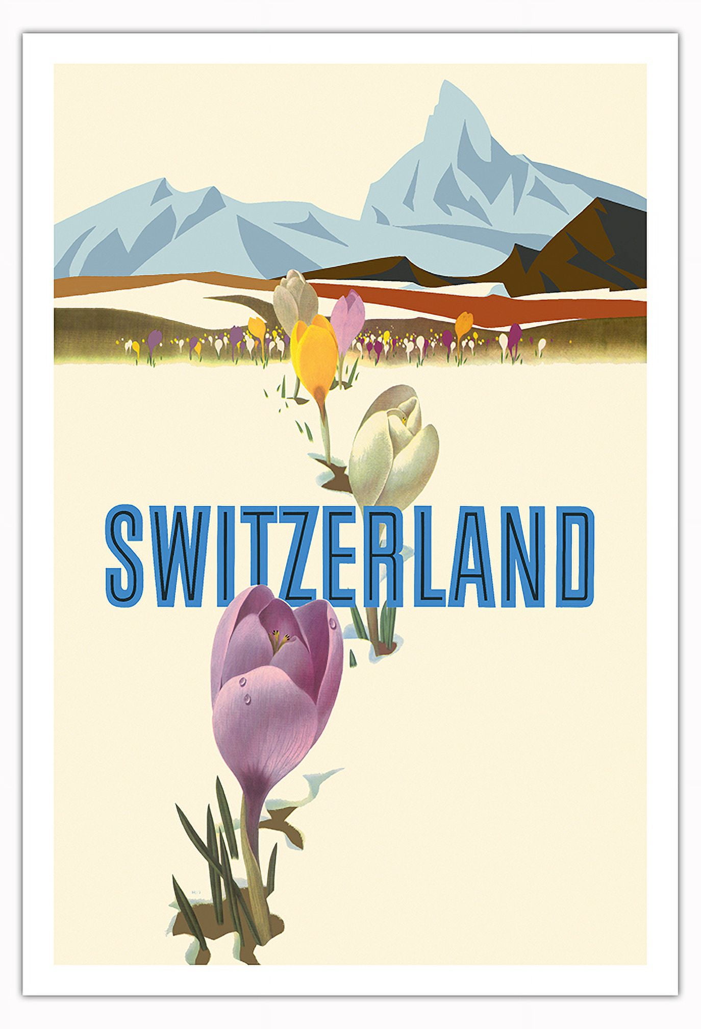 Switzerland - Crocus Flowers Swiss Alps - Vintage Travel Poster by ...