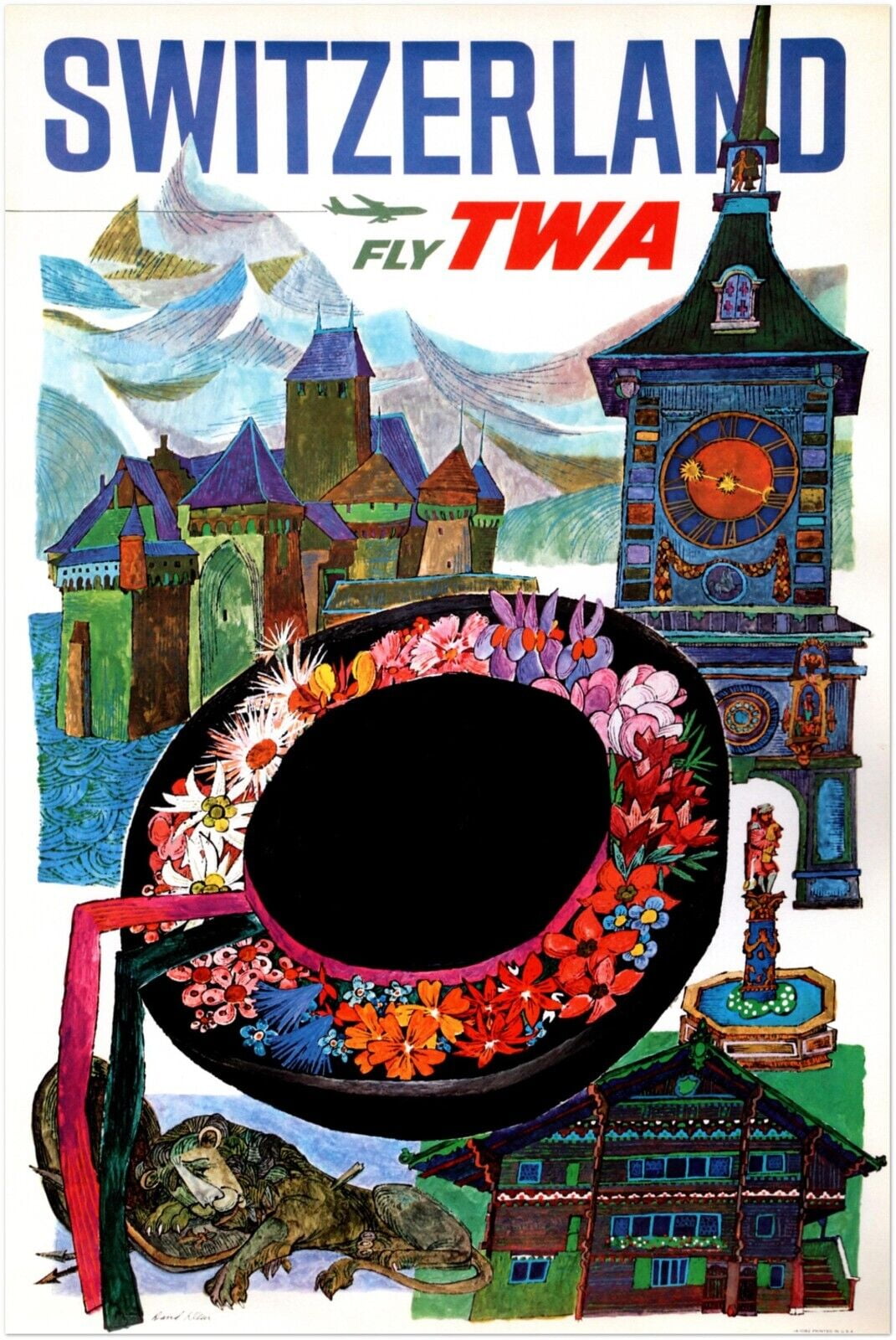 Switzerland - Fly TWA - Vintage Airline Travel Poster Travel Posters ...