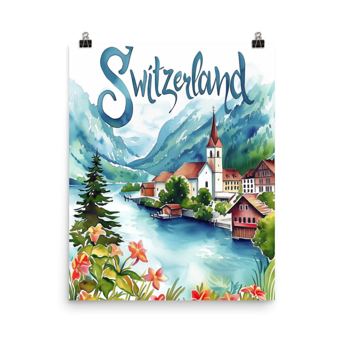 Switzerland Print, Alpine Lake Village Wall Art, Swiss Alps Poster ...