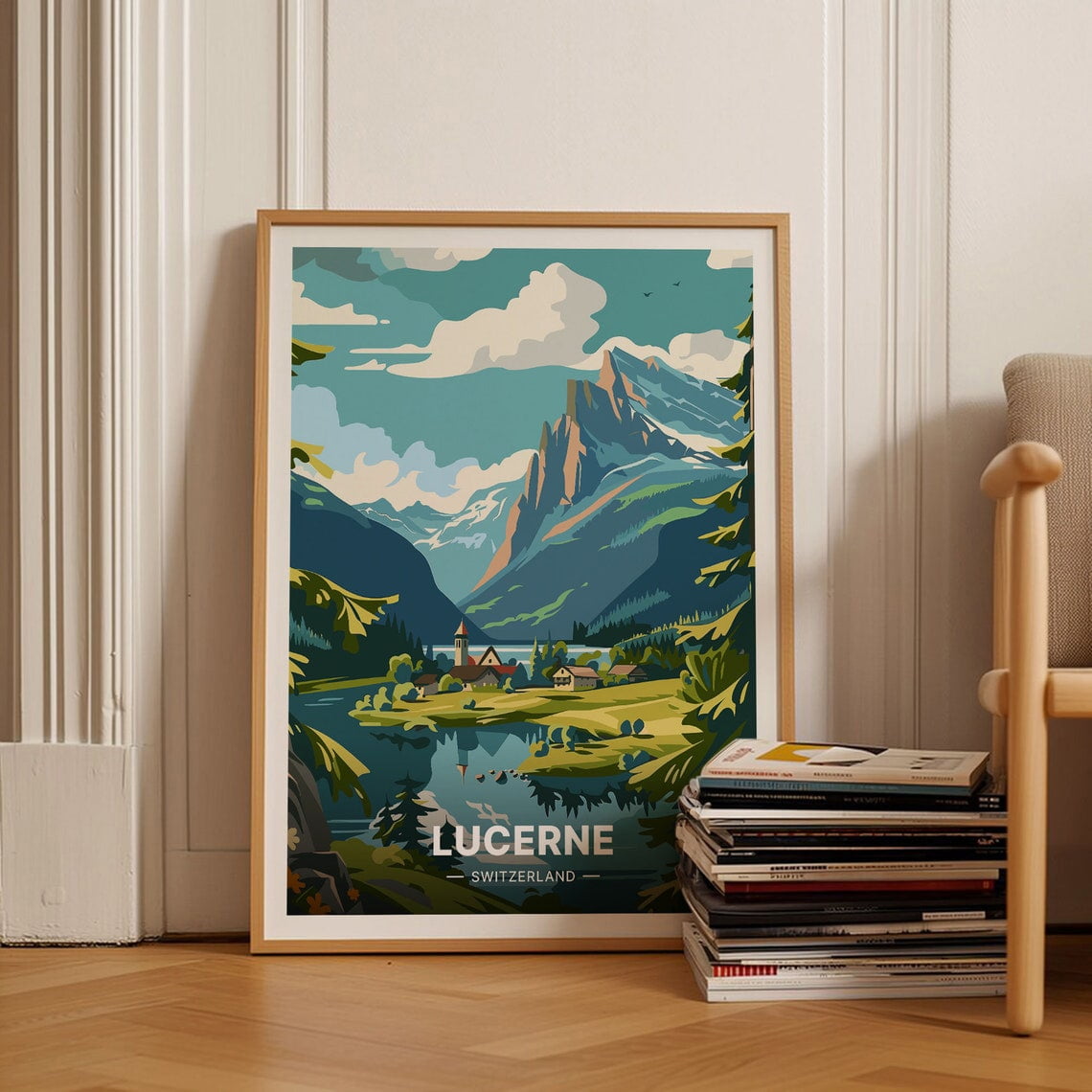 Switzerland Travel Poster, Lucerne Cityscape Art, Swiss Landscape Wall ...