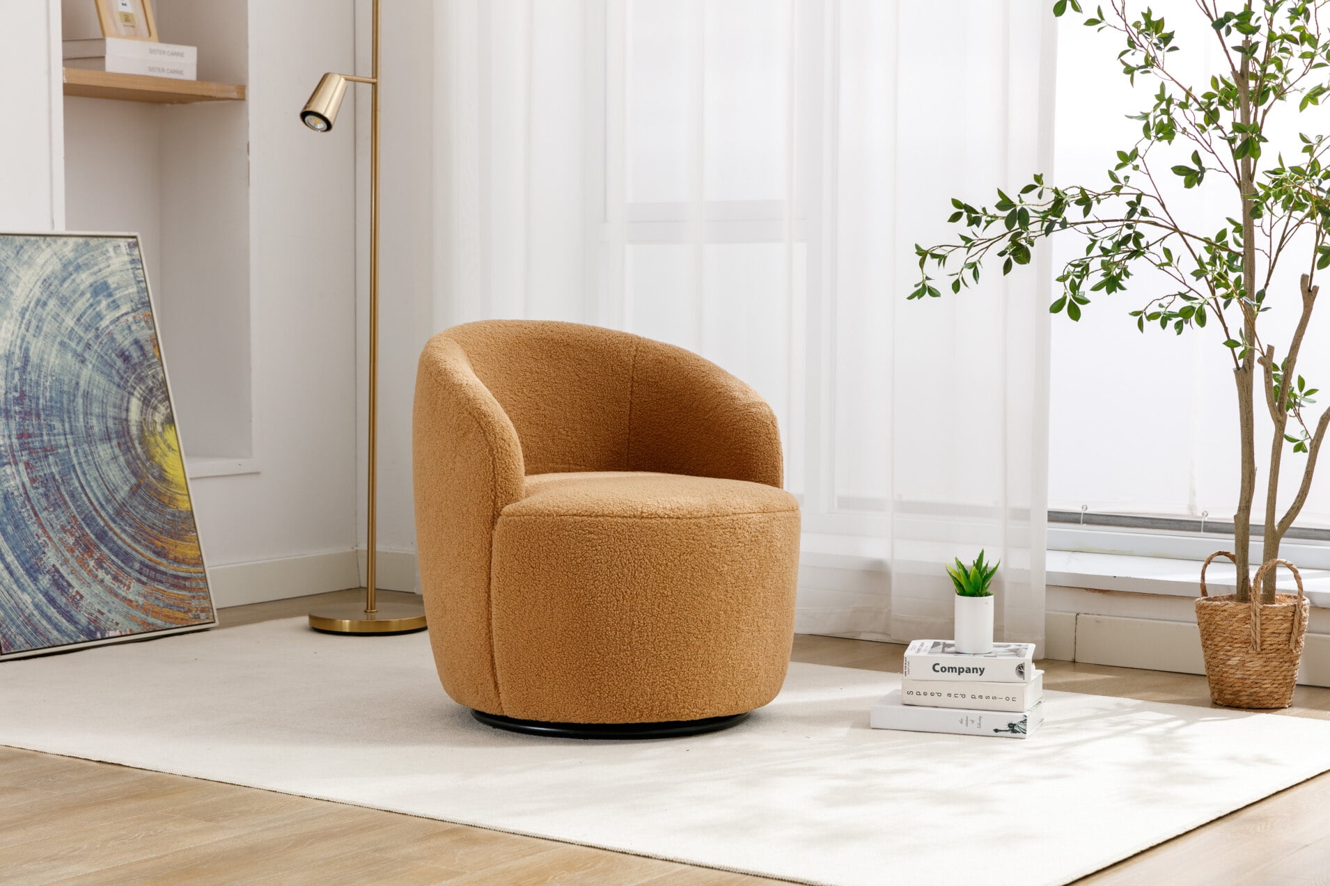 Swive Accent Armchair, Teddy Fabric Barrel Chair, Comfy 360° Single ...