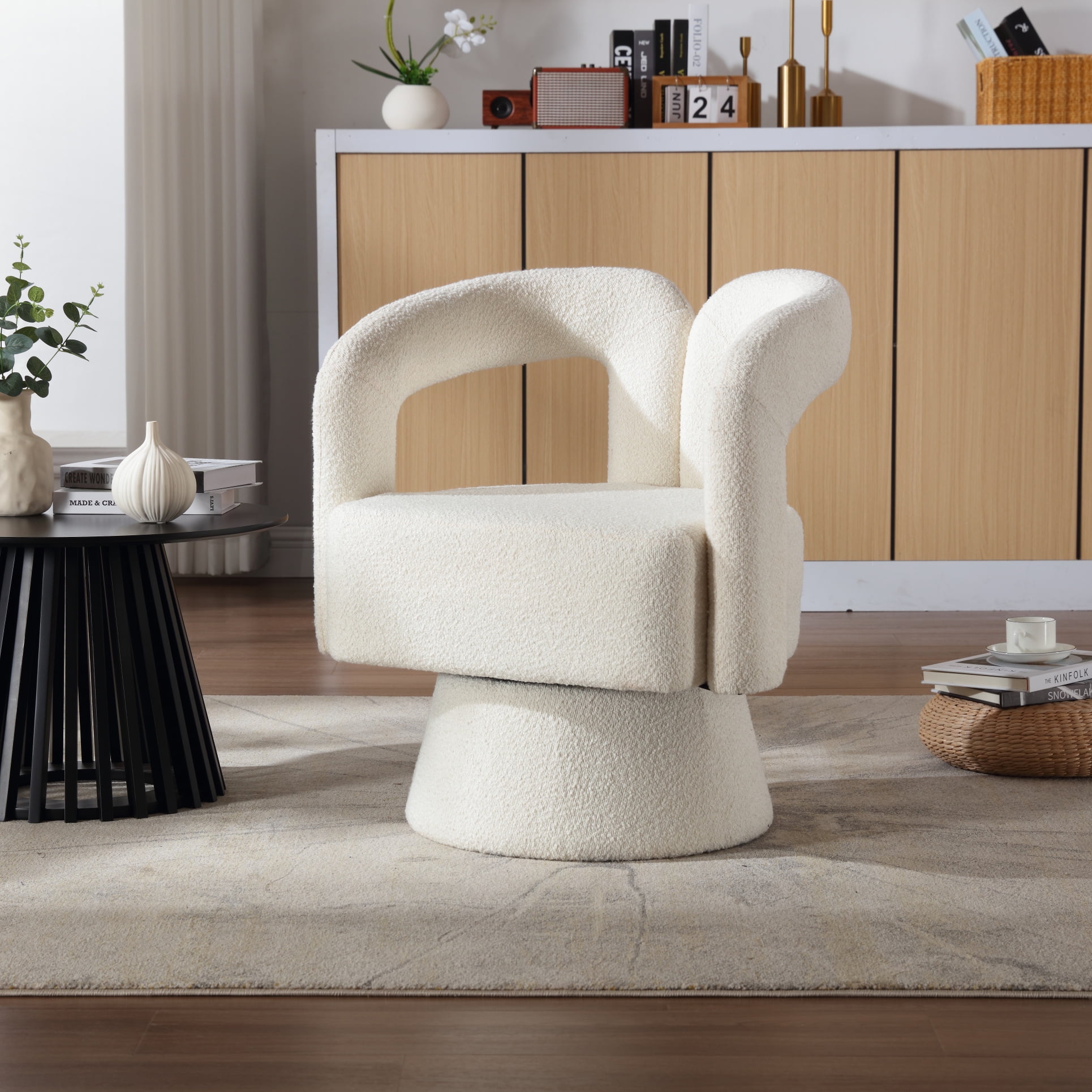 Swivel Accent Barrel Chair, Modern Boucle Accent Chair with 3D Curved ...