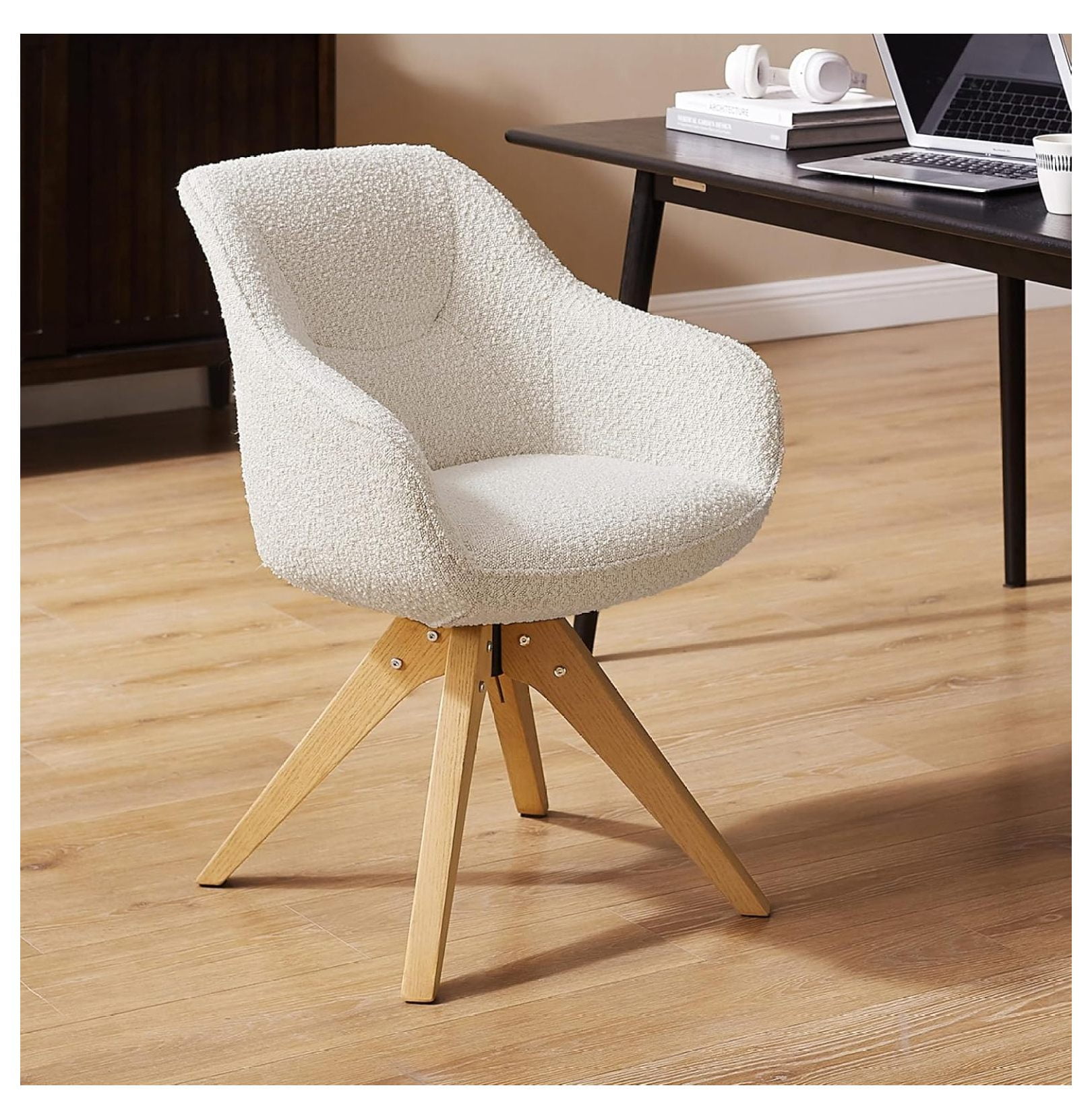Swivel Accent Chair - Century Modern Desk Chair No Wheels, Boucle Fabric Upholstered Armchair ...