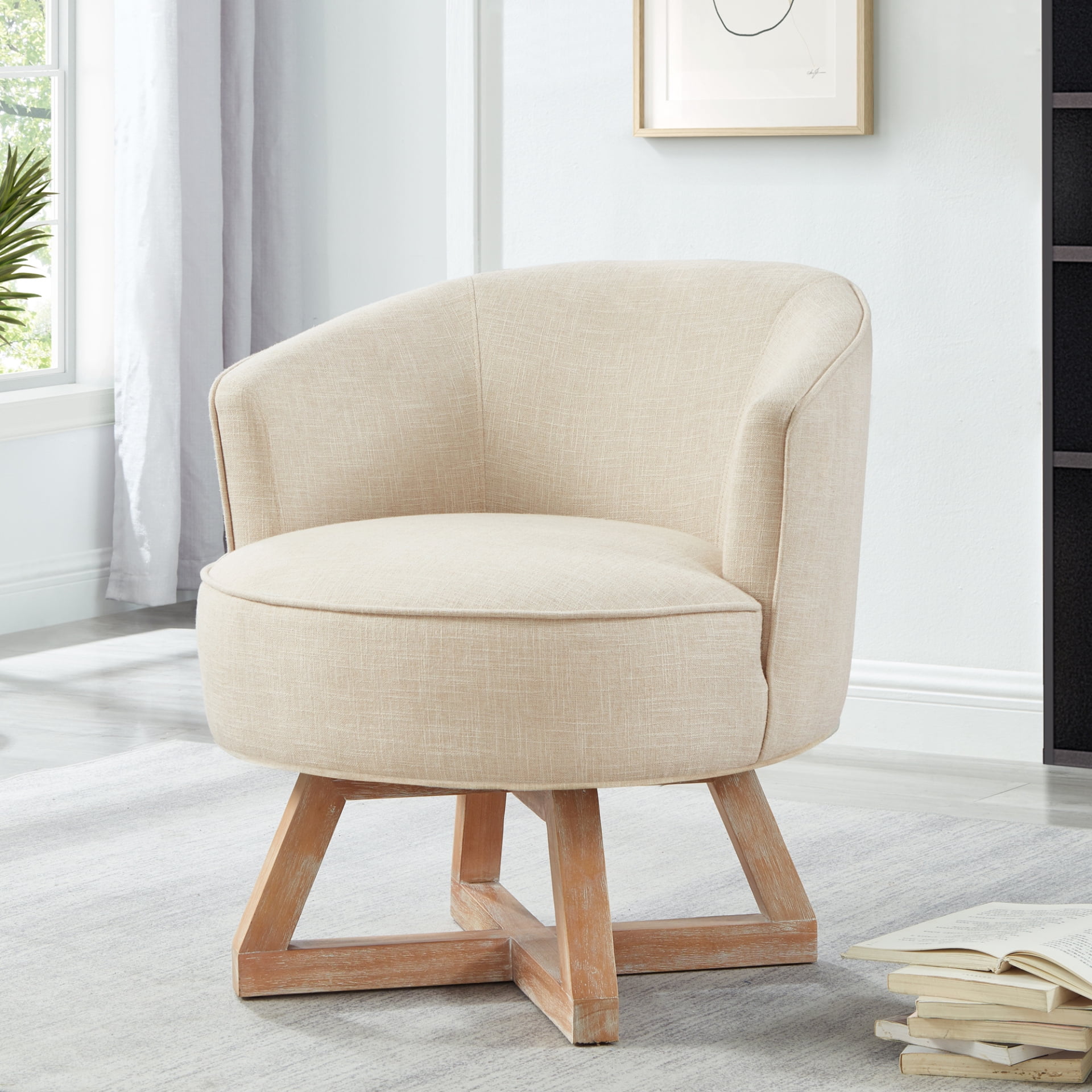 Swivel Accent Chair, Linen Round Swivel Chair with Cross-shaped Wooden ...