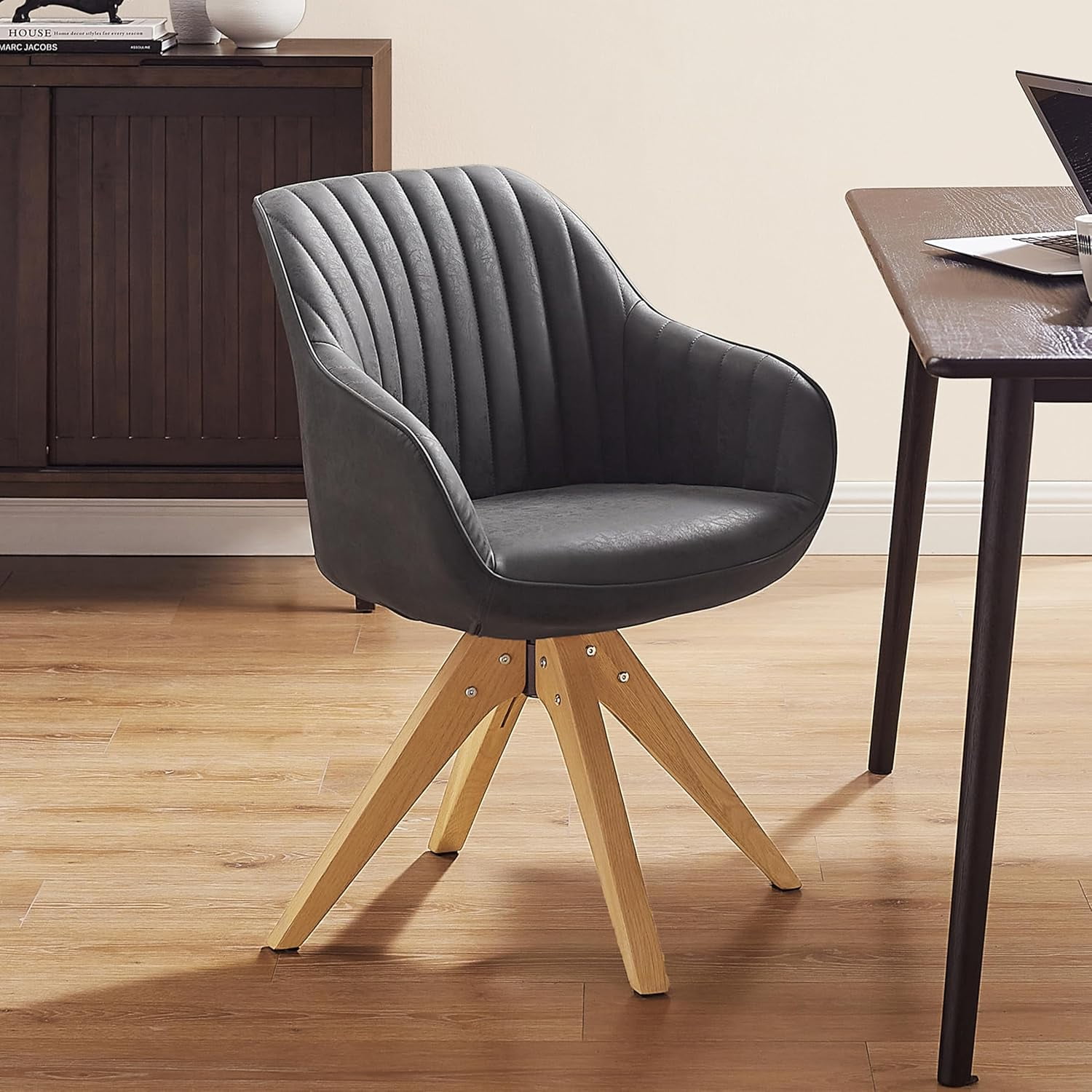 Swivel Accent Chair - Mid Century Chair Wheels Boucle Fabric Upholstered Armchair with Natural ...