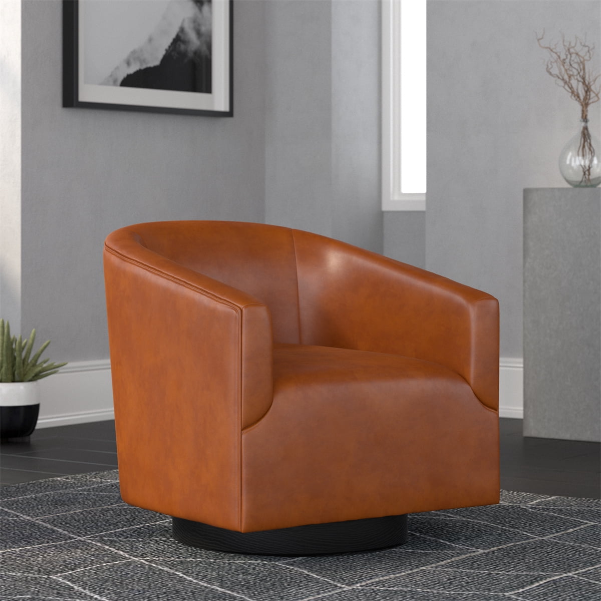 Swivel Accent Chair, Modern PU Leather Single Sofa Chair with Solid ...