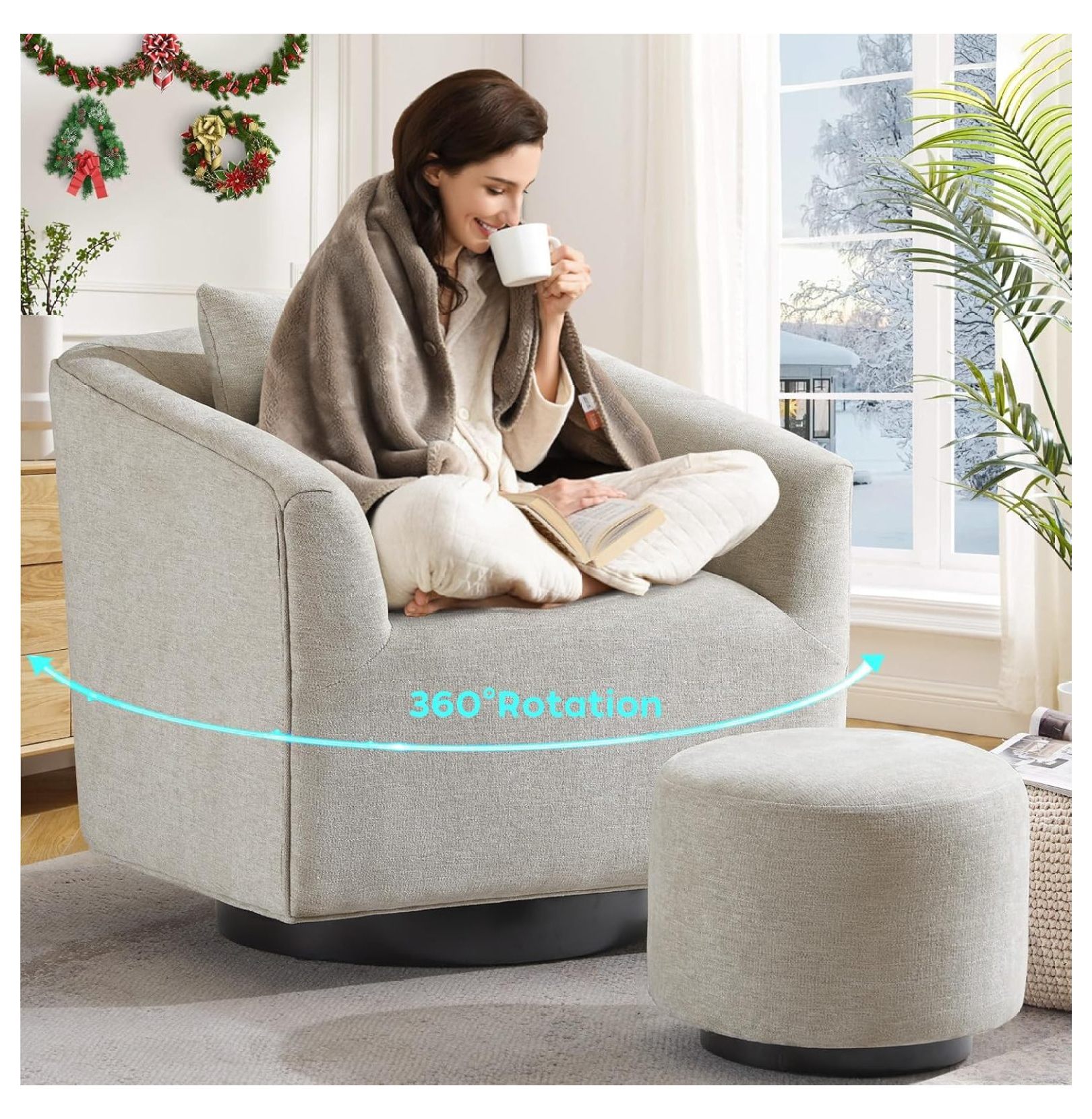 Swivel Accent Chair with Ottoman, 360° Real Wood Base & Frame Chenille ...