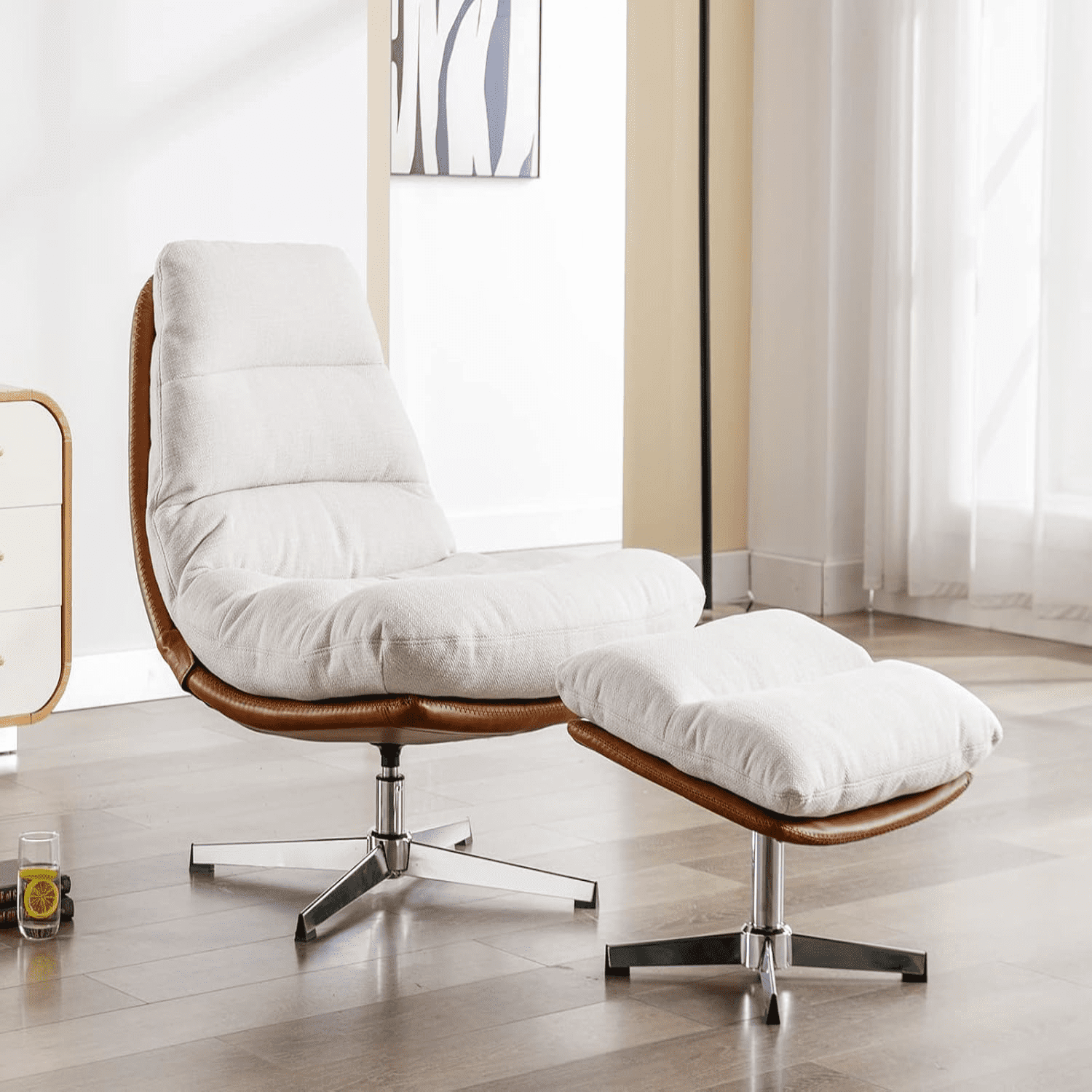 Swivel Accent Chair with Ottoman Set PU Leather Oversized Armless ...