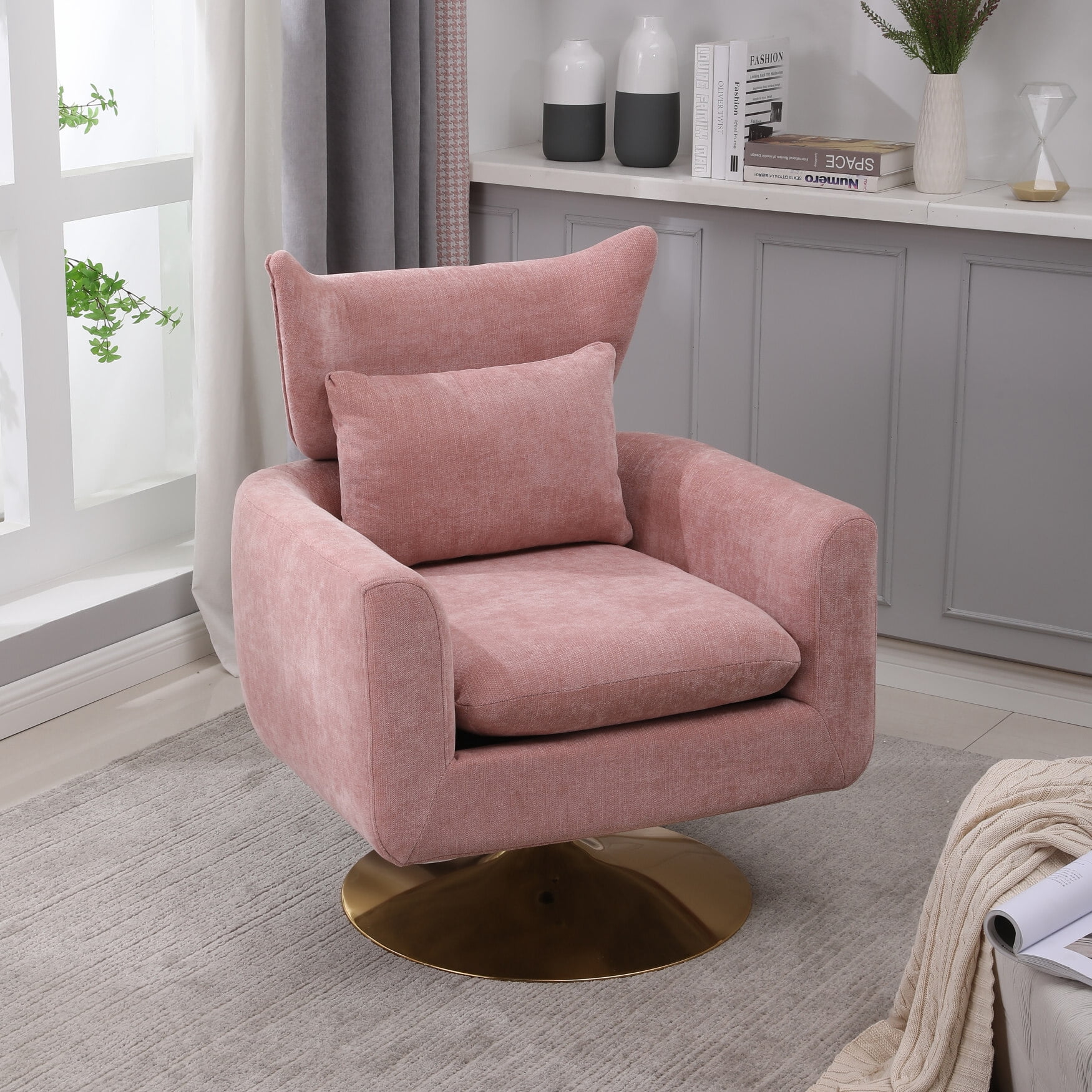 Swivel Accent Chair with Pillow, Modern Upholstered Armchair with Metal ...