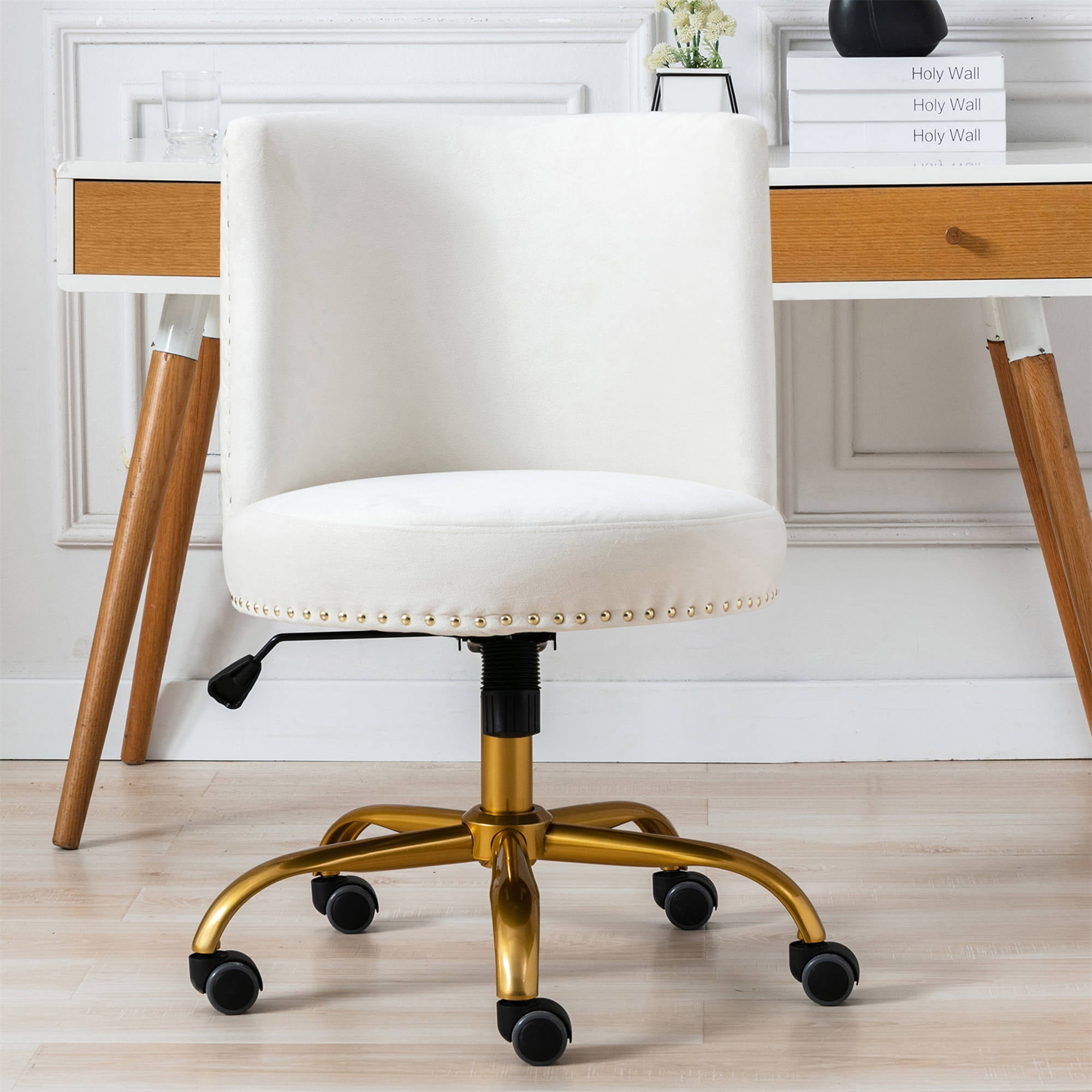 Swivel Accent Chair with Rolling Wheels, Velvet Home Office Desk Chair ...