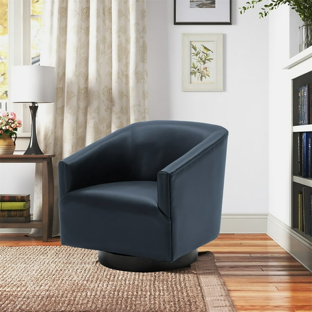 Swivel Accent Chair, Round Barrel Chiar with Wood Base, PU Upholstered ...