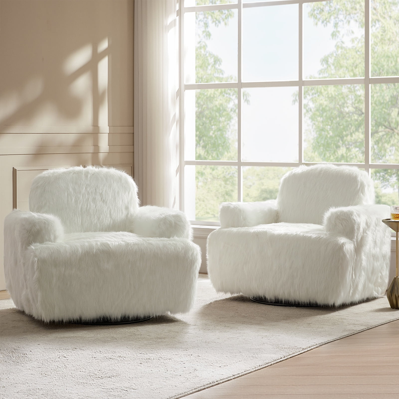 Swivel Accent Chair Set of 2 Gentle Rocking Modern Large Fuzzy White ...