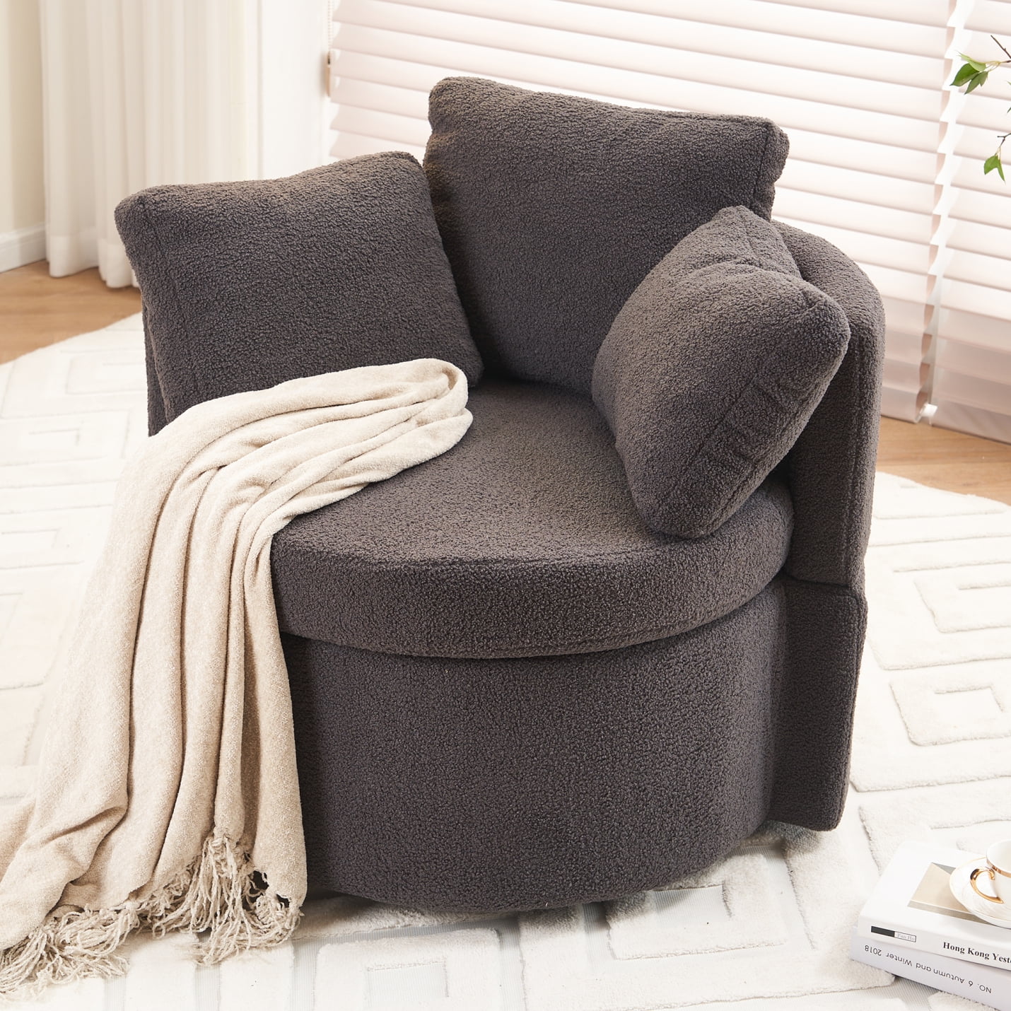 Swivel Accent Chair with Storage, Teddy Barrel Chair with Under Seat ...