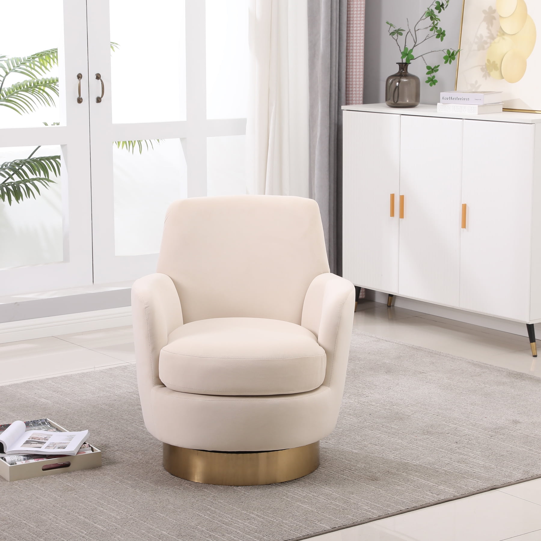 Swivel Accent Chair, Velvet Barrel Chair with Round Golden Base and ...