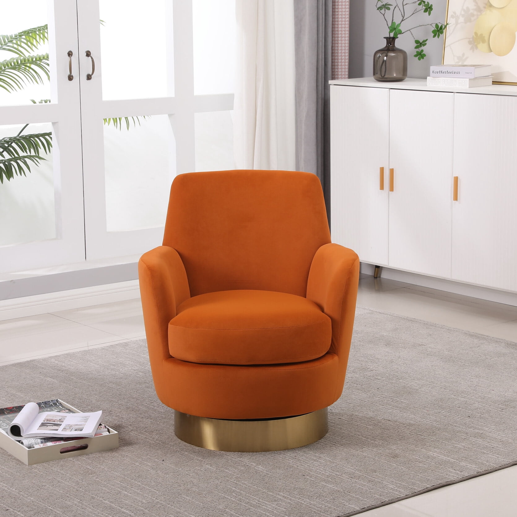 Swivel Accent Chair, Velvet Barrel Chair with Round Golden Base and ...