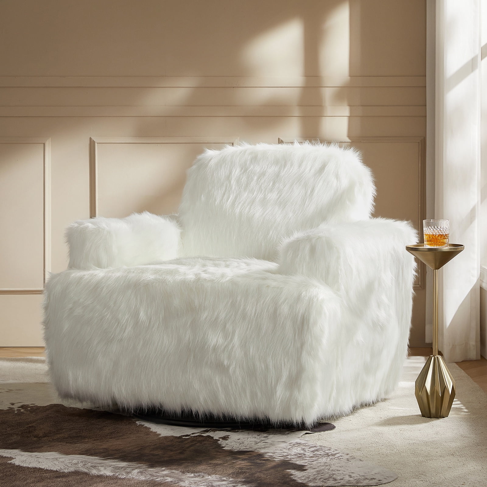 Swivel Accent Chair with Gentle Rocking Modern Large Fuzzy White Chair ...