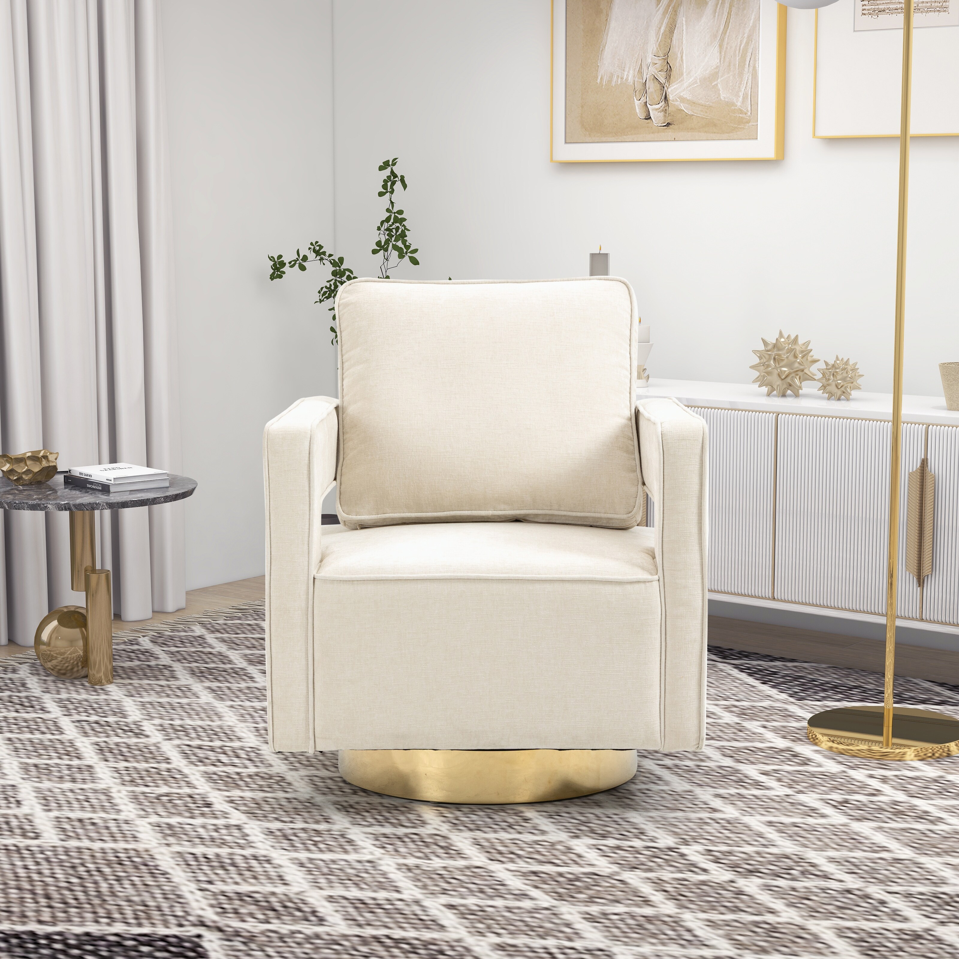 Swivel Accent Open Back Chair With Gold Stainless Steel Base Beige ...
