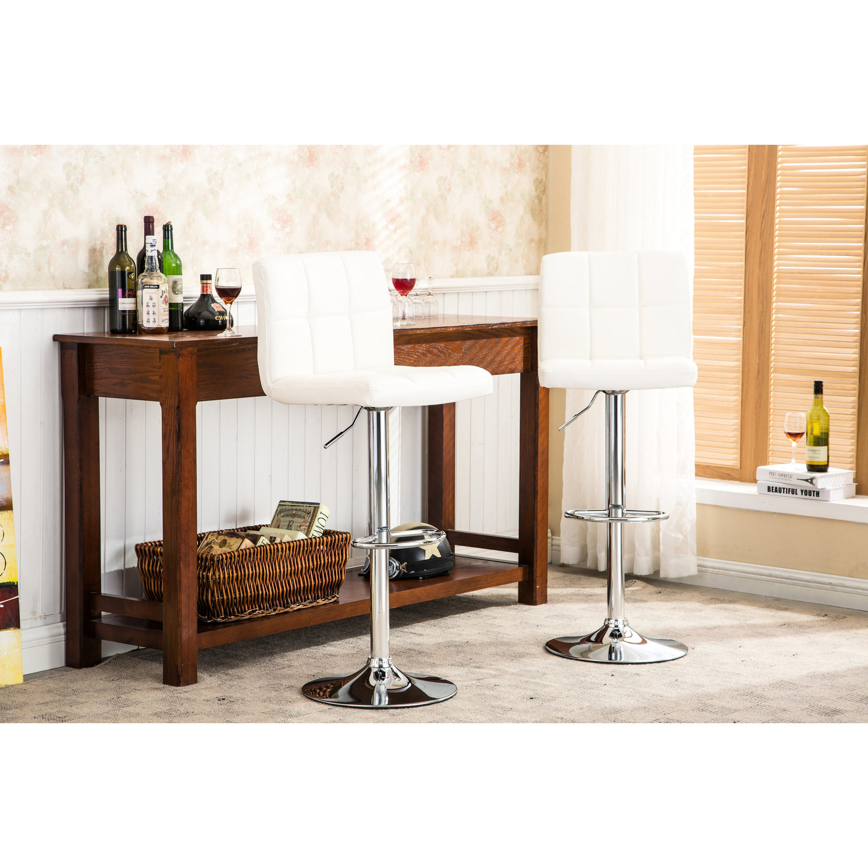 Swivel Adjustable Hydraulic Bar Stool Set of 2 in White Faux Leather ...