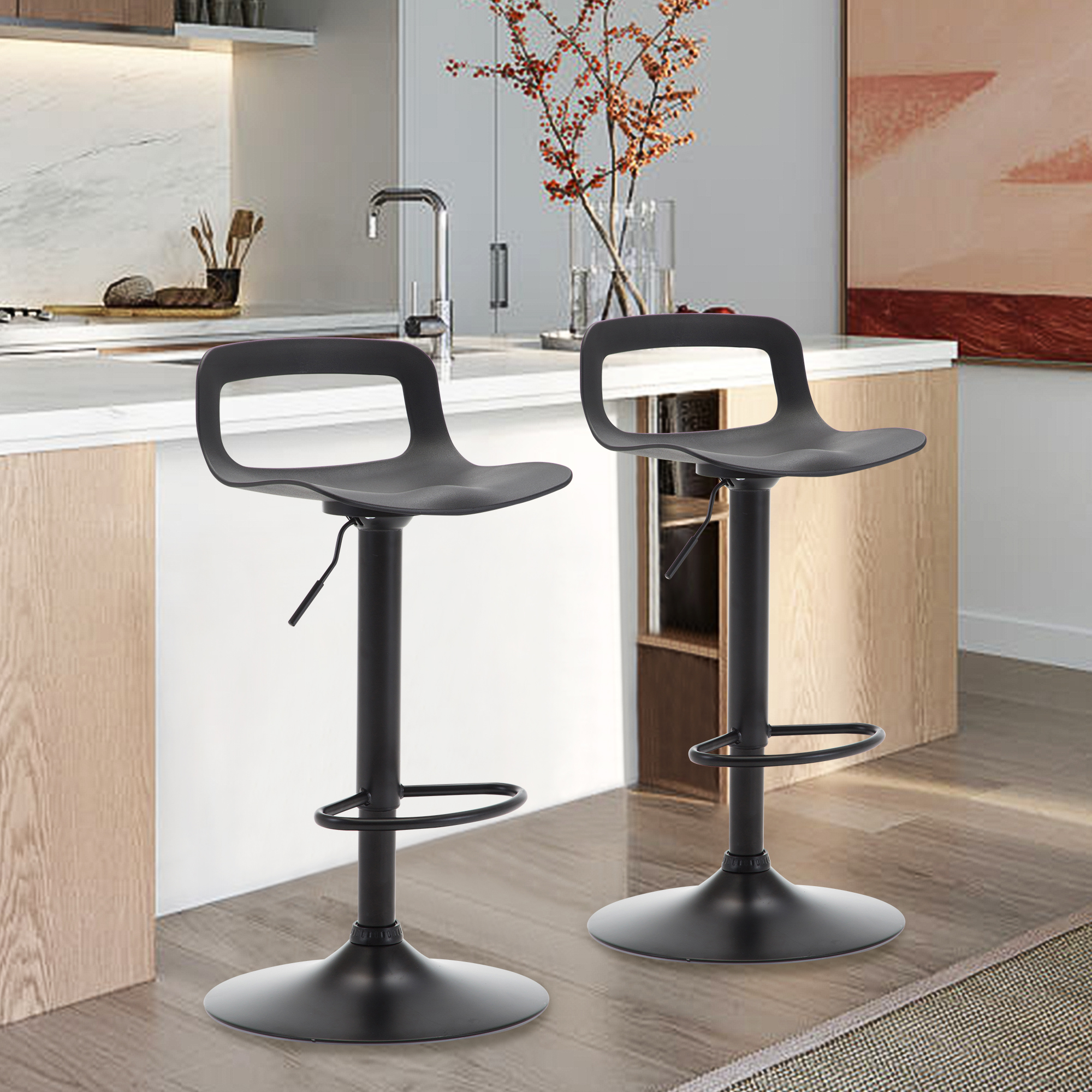 Contemporary Adjustable Swivel Arm Bar Stool with Cushion, Black ...