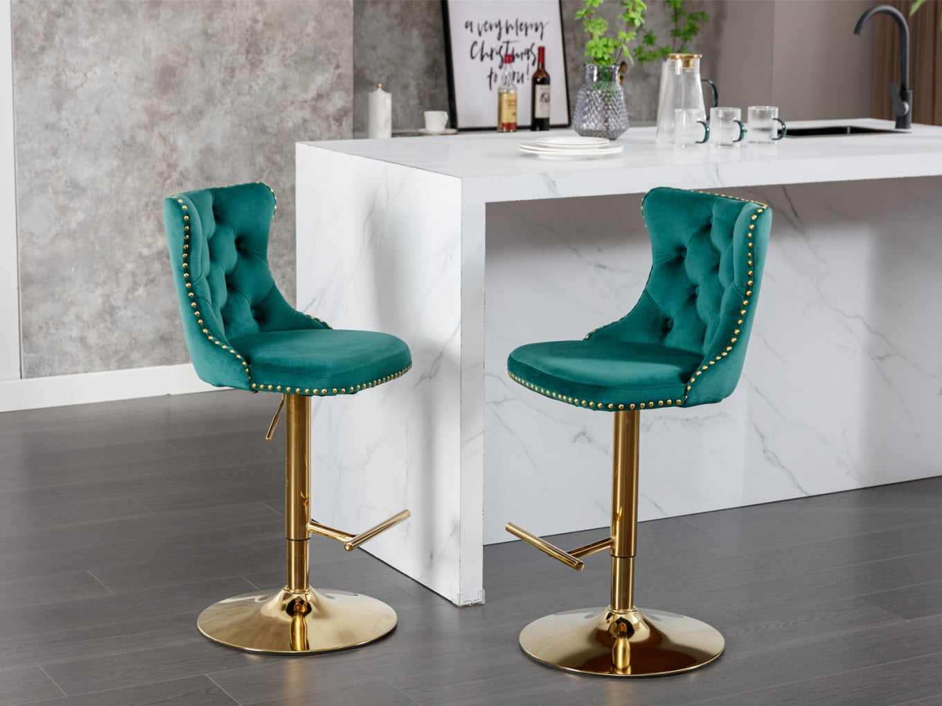 Swivel Bar Stool Set of 2, Velvet Adjustable Barstools with Tufted ...
