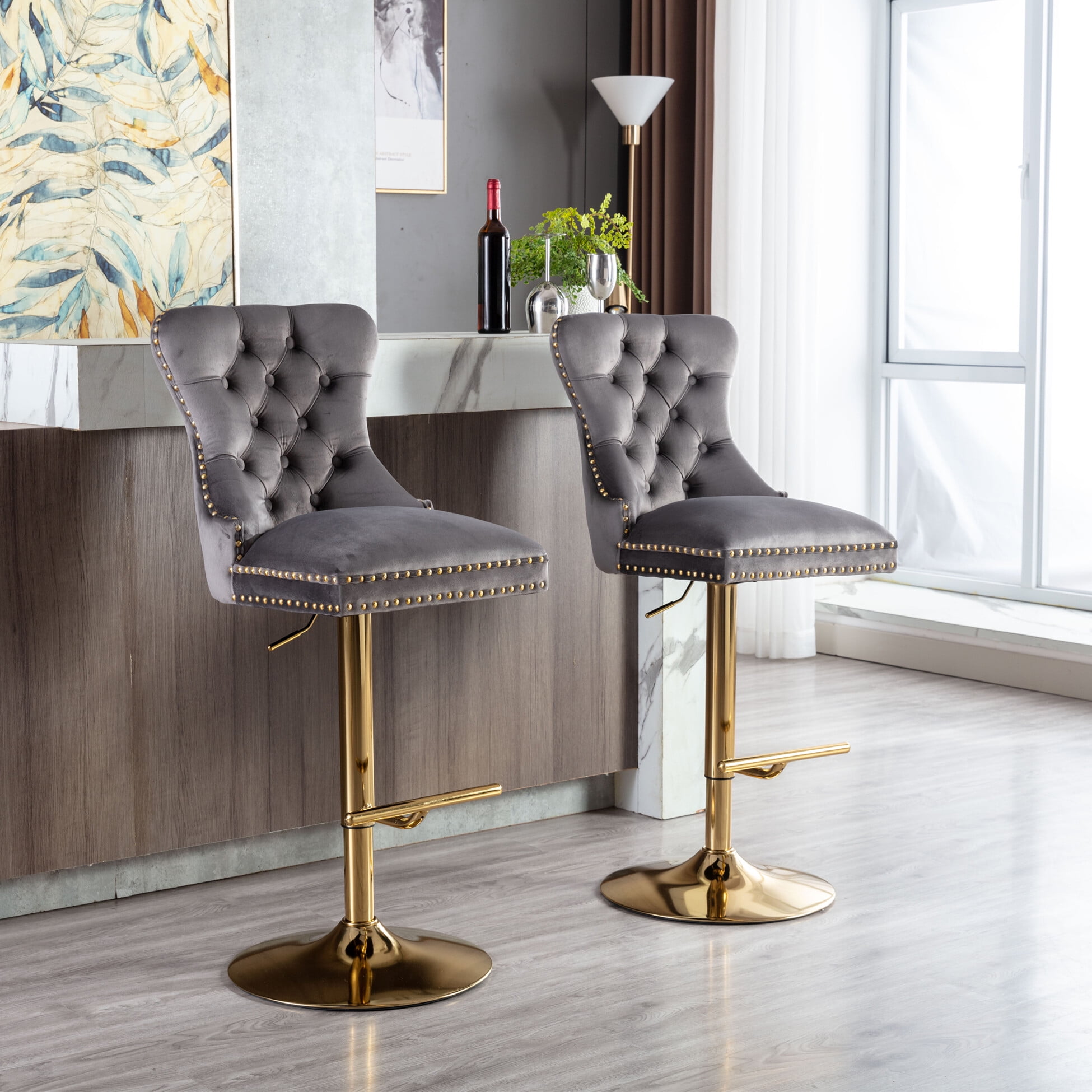Swivel Bar Stools Chair Set of 2, Modern Adjustable Counter Height Bar ...