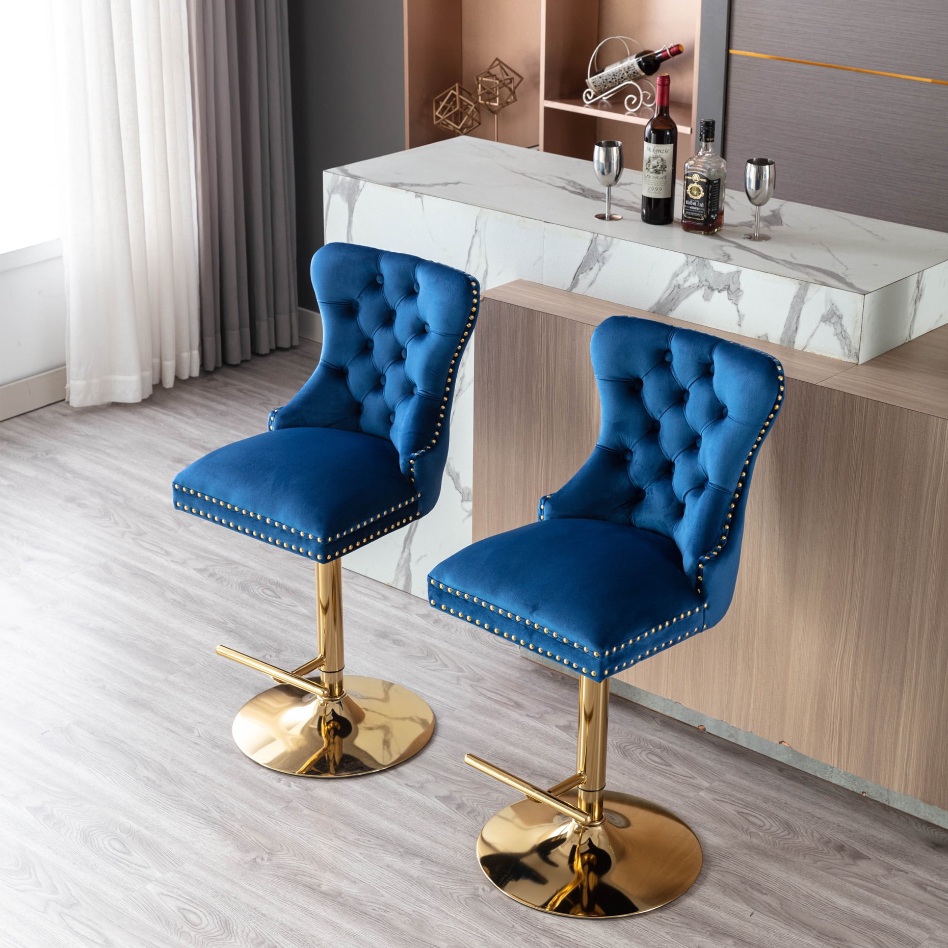 Swivel Bar Stools Chairs, Set of 2 Velvet Upholstered High Tufted Back ...