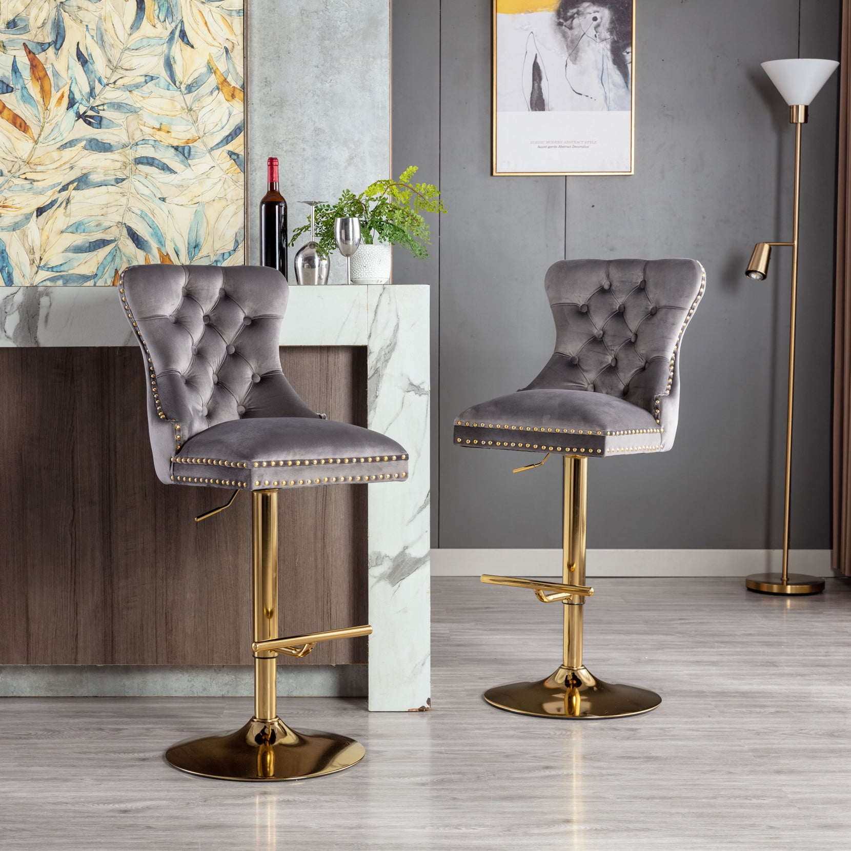 Swivel Bar Stools Chairs, Set of 2 Velvet Upholstered High Tufted Back ...