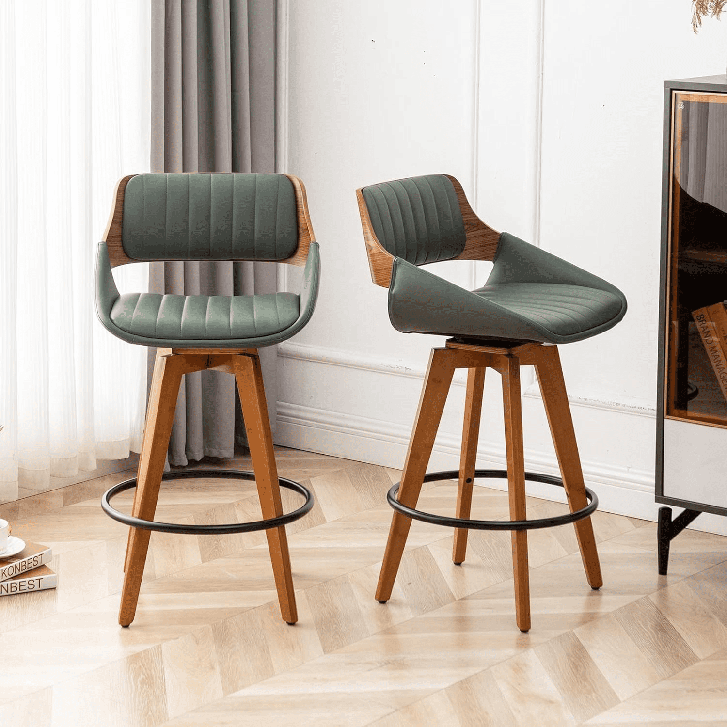 Swivel Bar Stools Mid Century Modern Faux Leather Upholstered Counter ...
