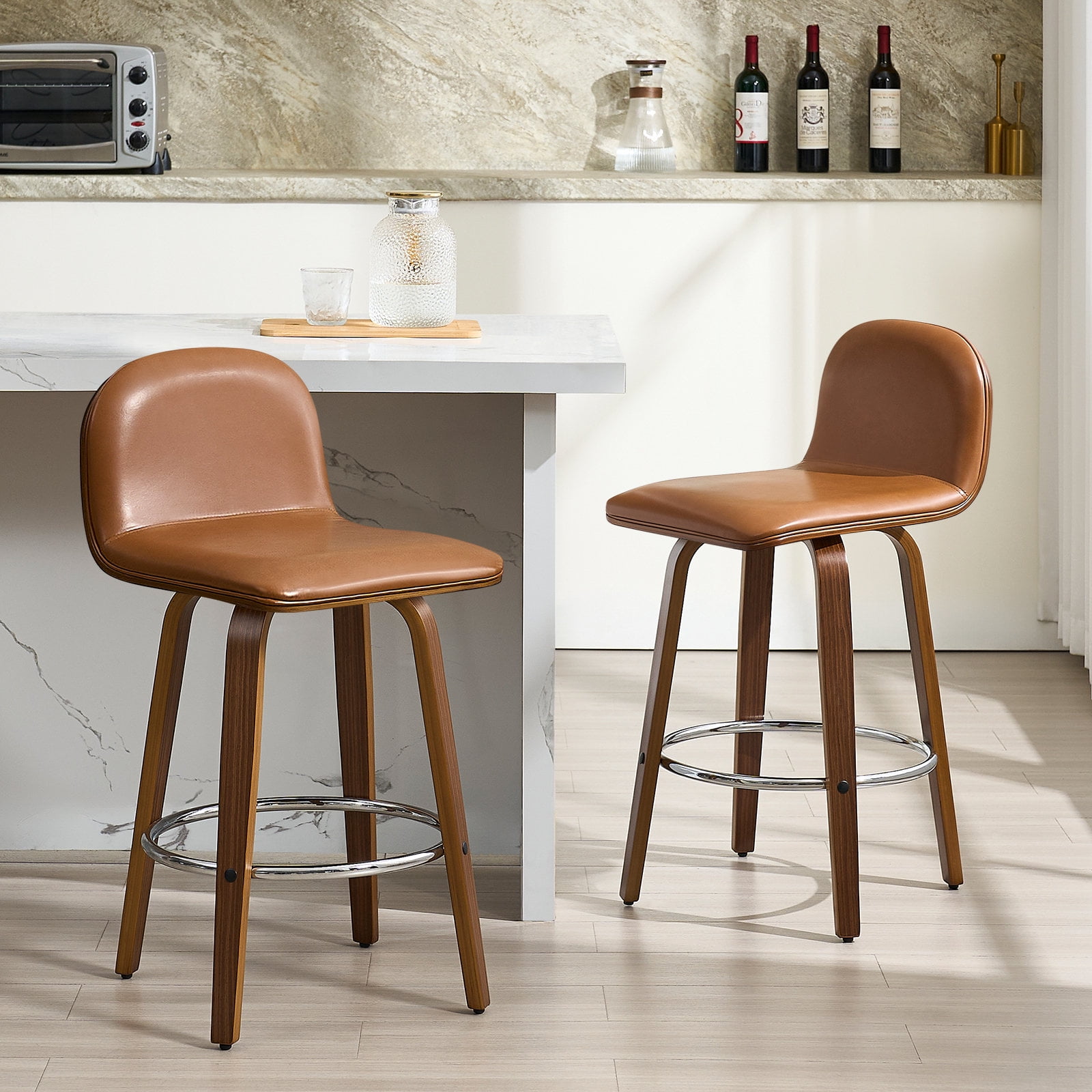 Swivel Bar Stools Set of 2, 26" Counter Height Upholstered PU Leather ...