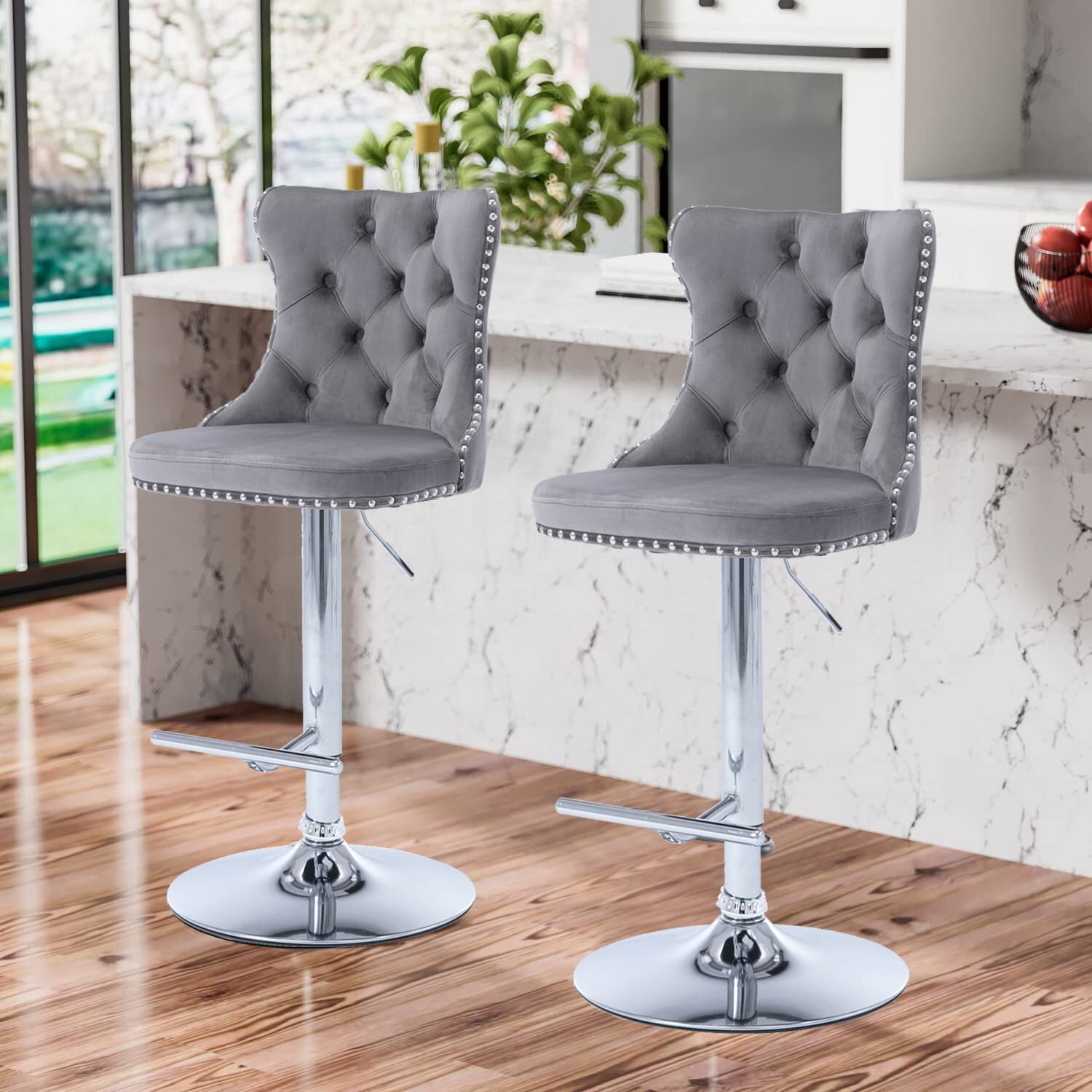 Swivel Bar Stools Set of 2,Adjustable Barstools with Back Velvet Tufted ...