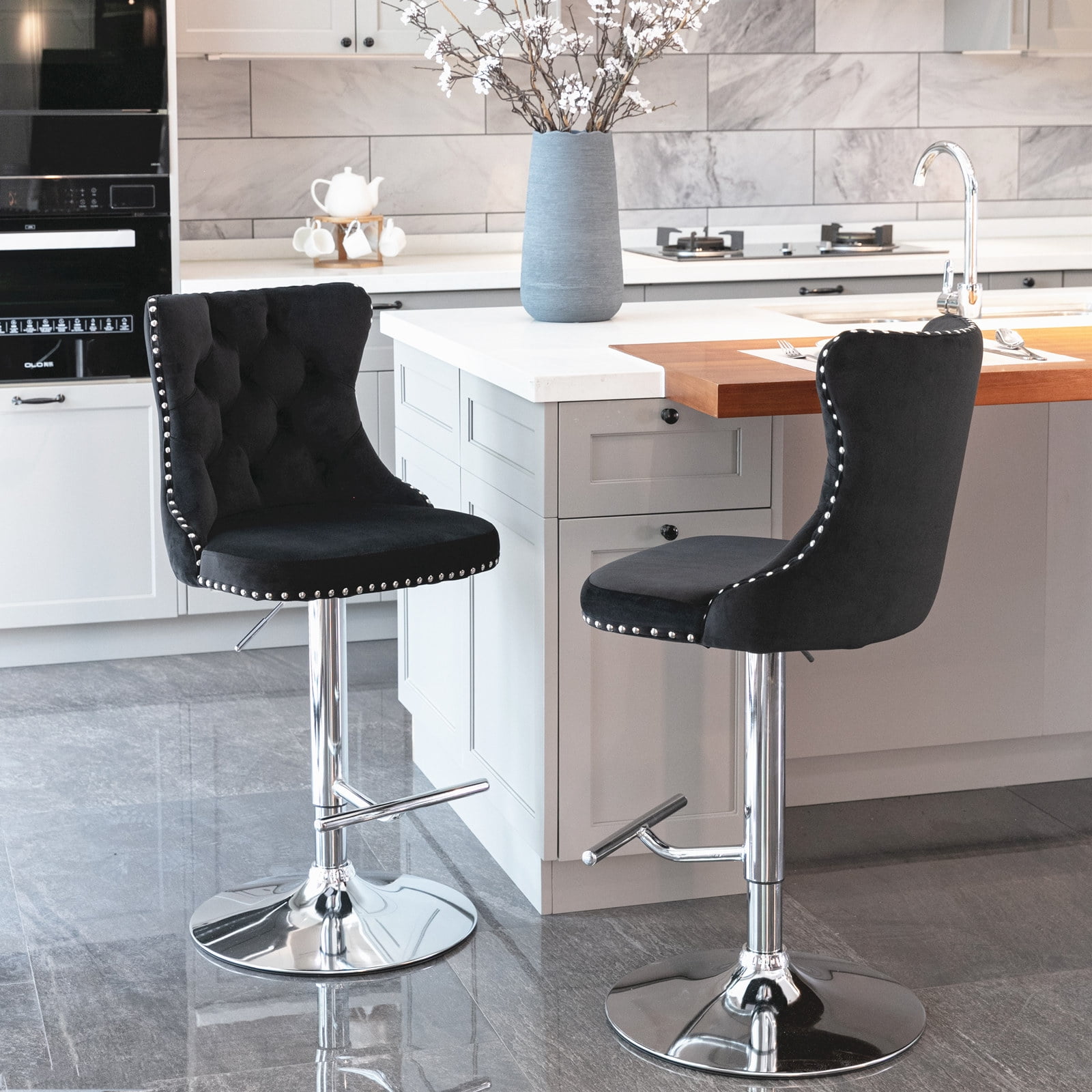 Modern Swivel Bar Stools Set of 2 Adjustable Height Velvet Wing Back Gold Footrest Black Walmart