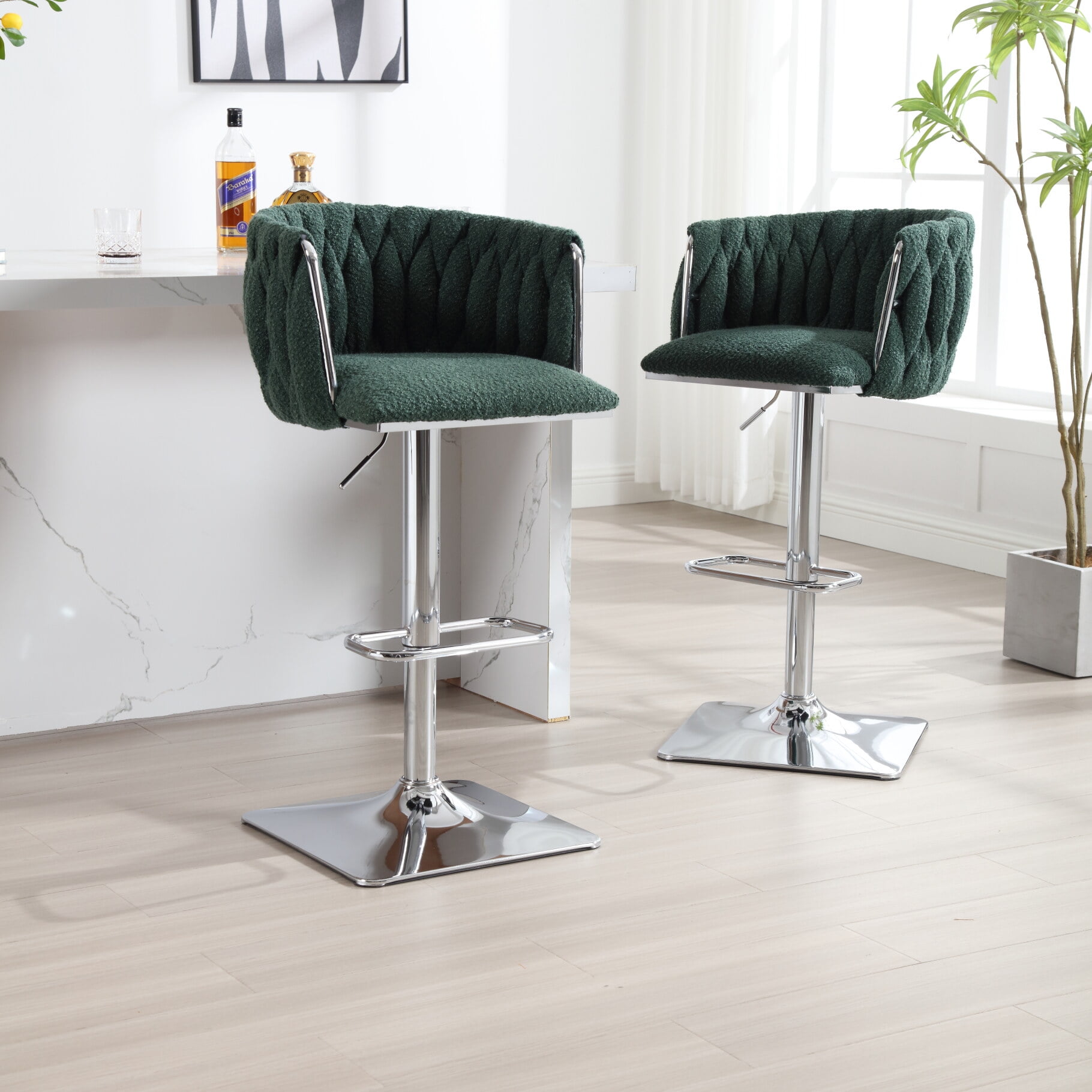 Swivel Bar Stools Set of 2, Barchairs with Woven Wrap Tufted Backrest ...
