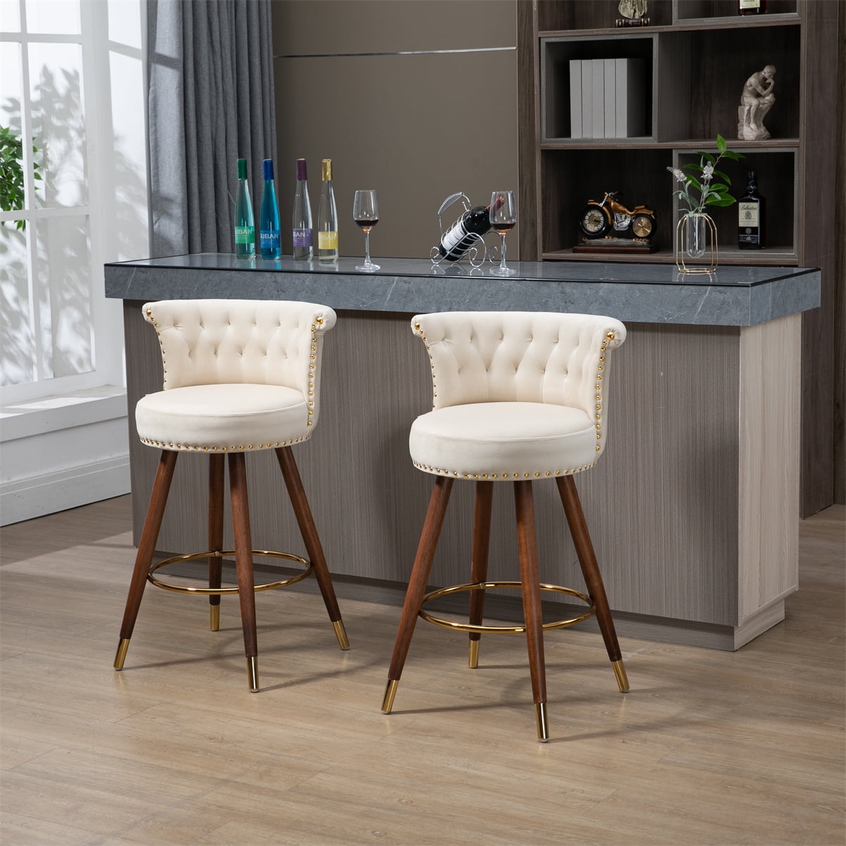 Swivel Bar Stools Set of 2, Counter Height Bar Chairs with Tufted Back ...