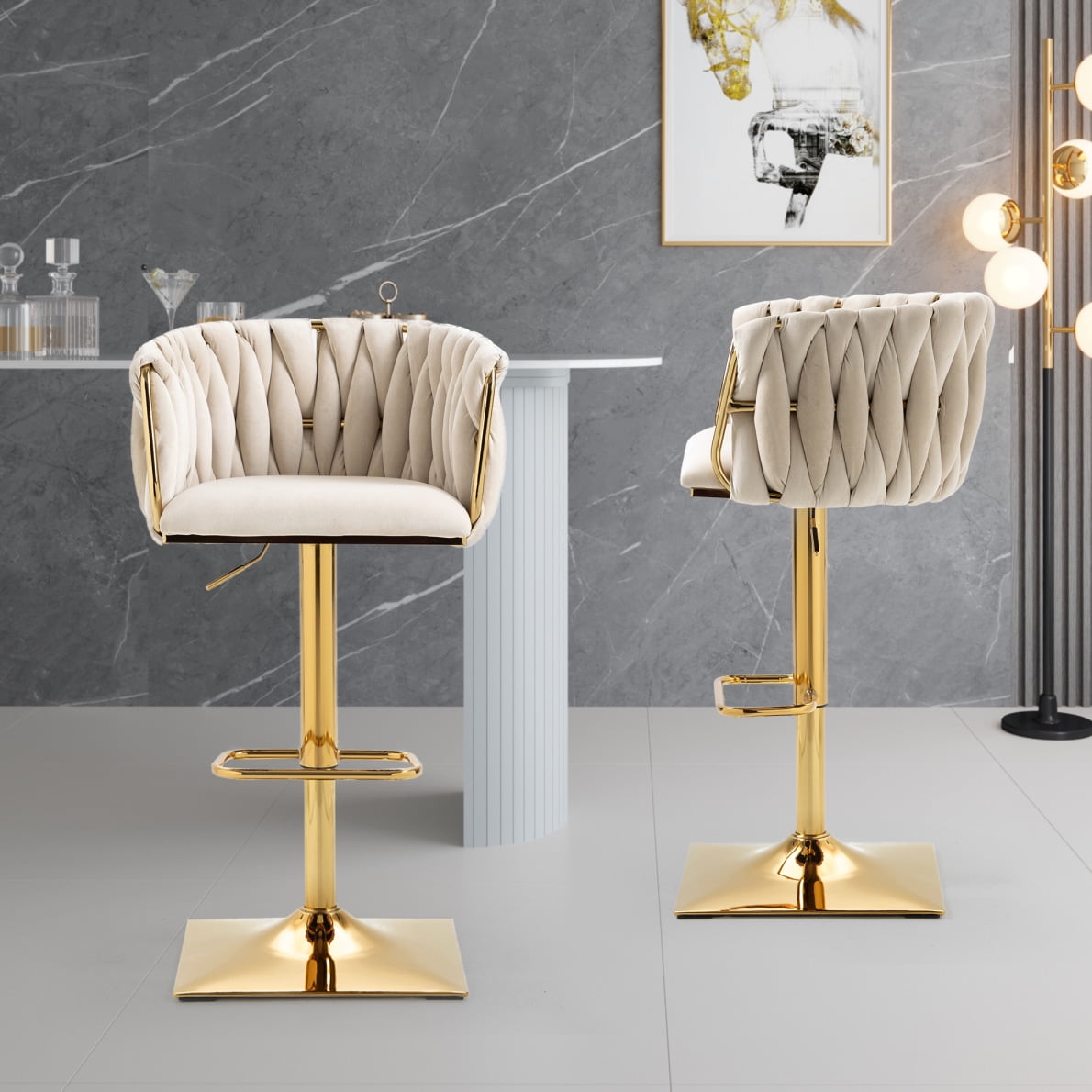 Swivel Bar Stools Set of 2, Counter Height Bar Stools in Velvet with ...