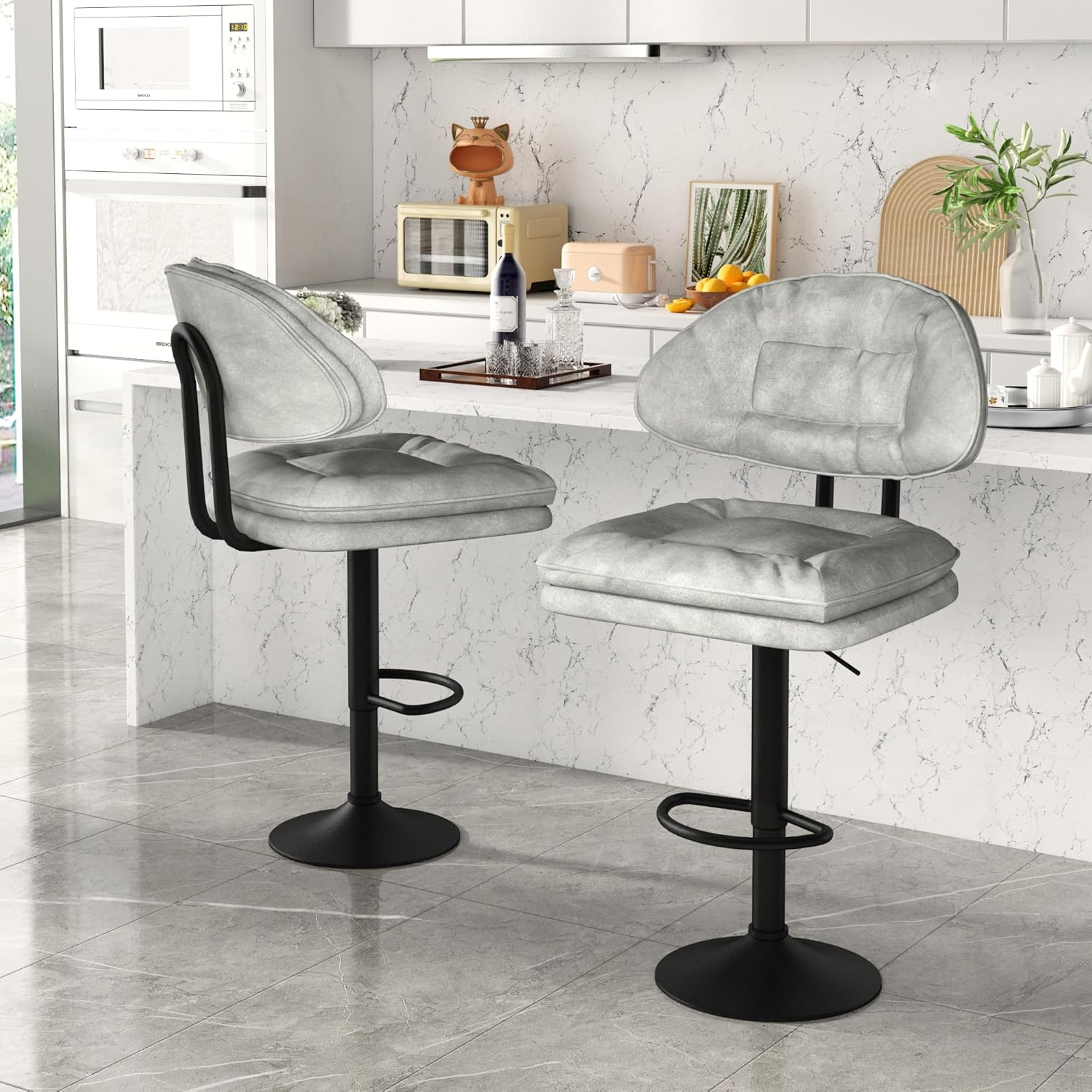 Swivel Bar Stools Set of 2, Ergonomic Upholstered Bar Stools with Back ...