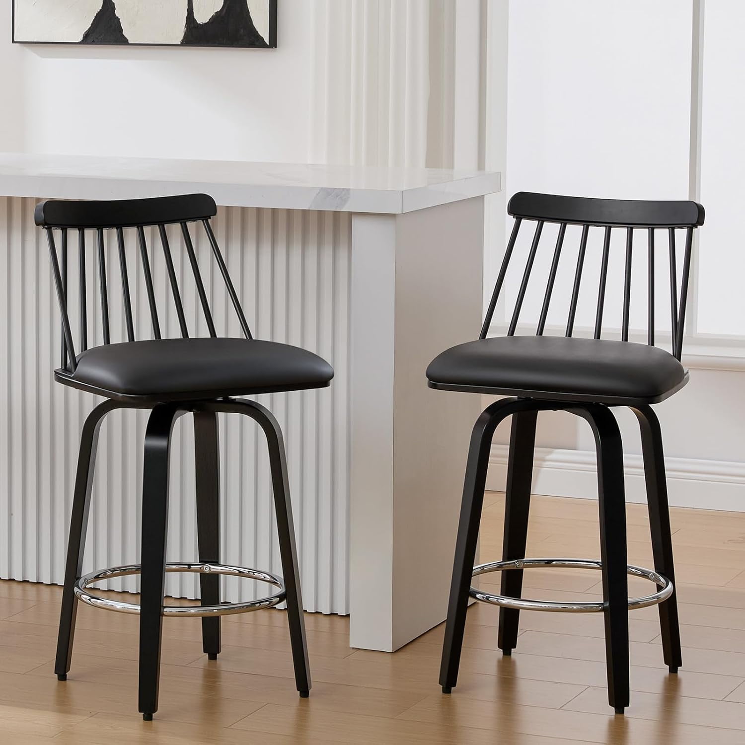 Swivel Bar Stools Set of 2, Faux Leather Counter Stool with Spindle ...