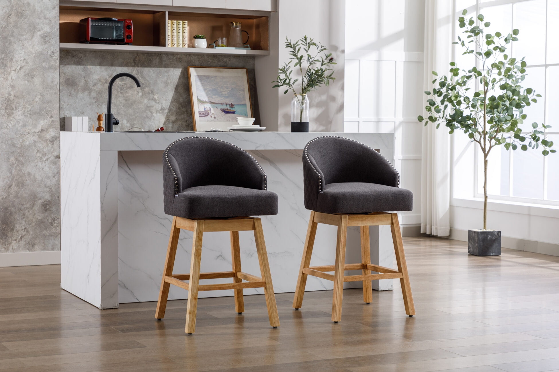 Swivel Bar Stools Set of 2 with Footrest, Comfy Upholstered Counter ...