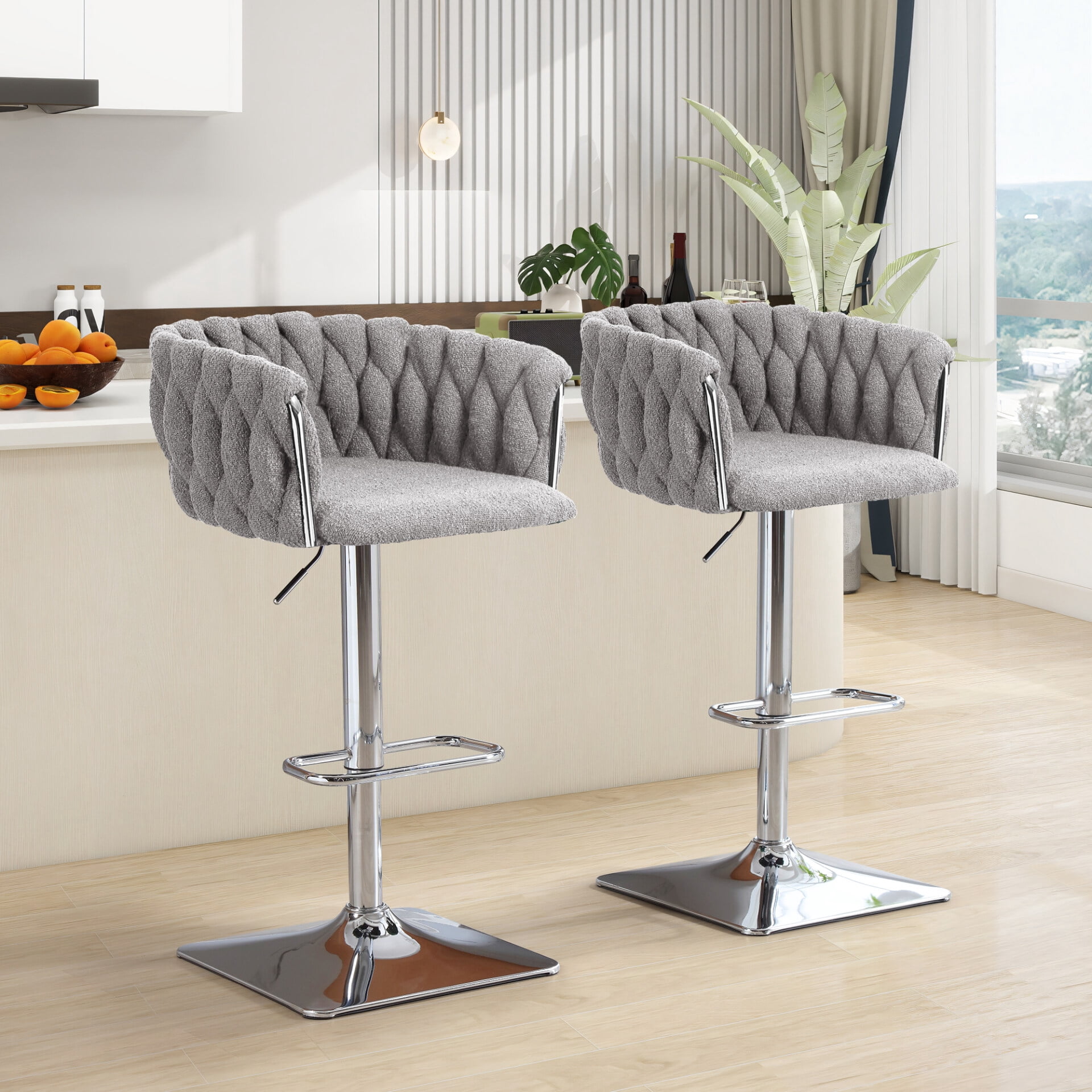 360° Swivel Bar Stools Set of 2, Adjustable Height Barchairs with Woven ...