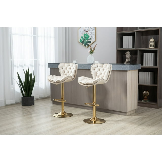 Ivory Velvet Upholstered Swivel Bar Stools Set of 2, Adjustable Counter ...