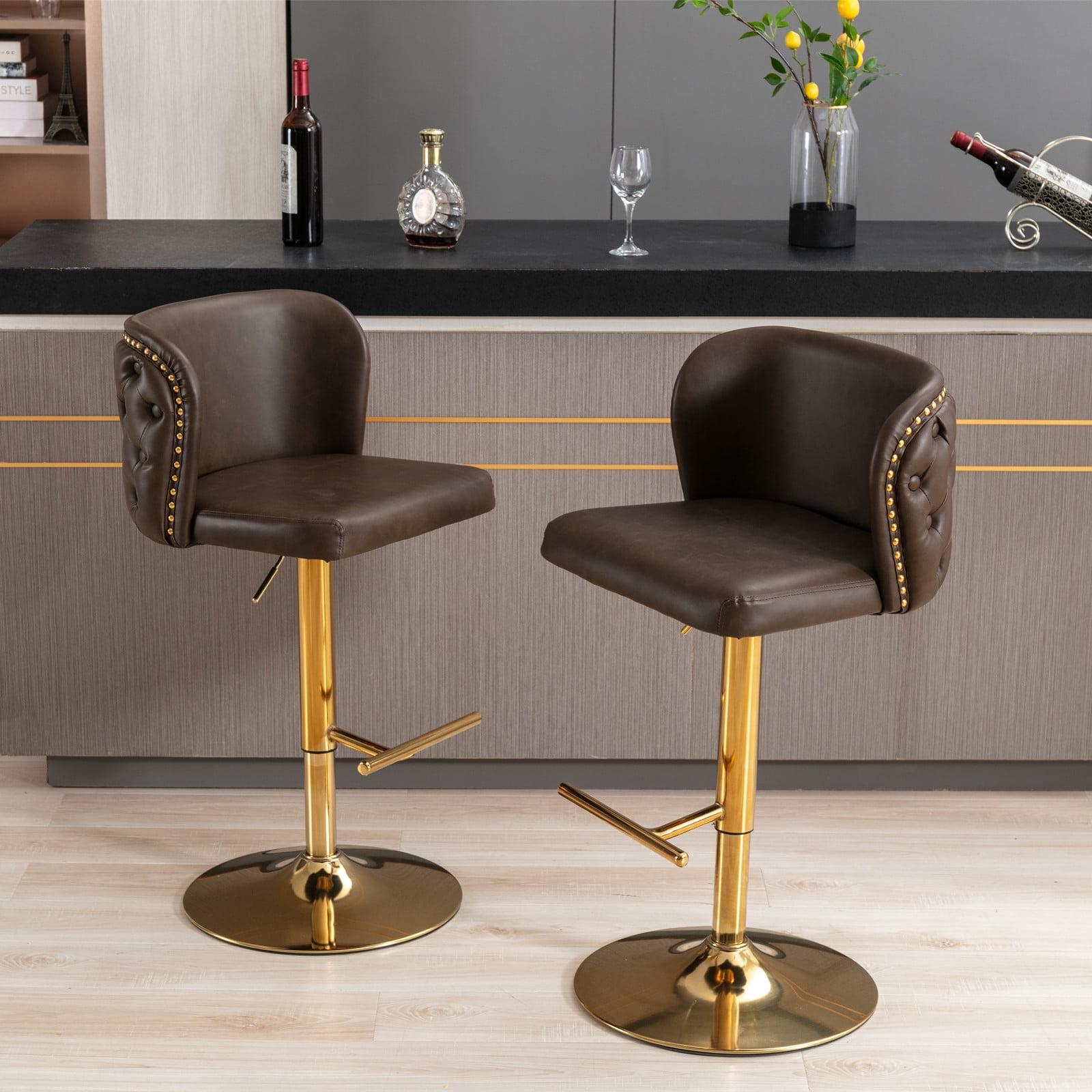 Swivel Bar Stools Set of 2,PU Upholstered Bar Stools with Button Tufted ...