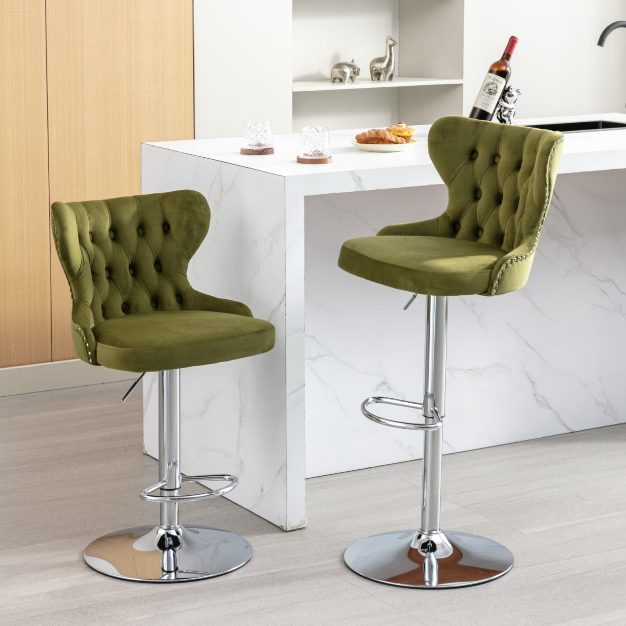Triple Tree Velvet Swivel Bar Stools Set of 2, Adjustable Height 25-33 ...