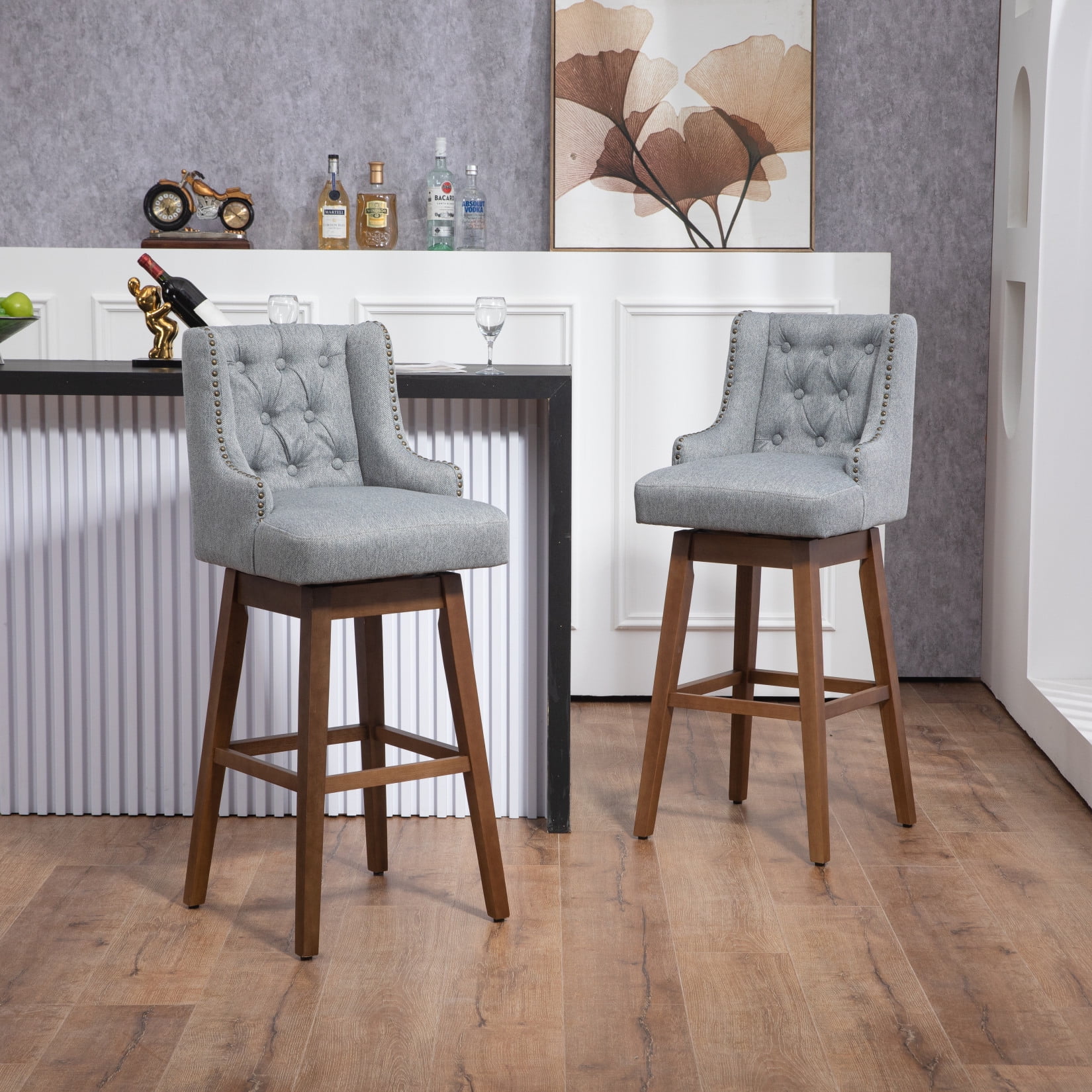Swivel Bar Stools Set of 2, Tufted Back Counter Height Chairs with ...