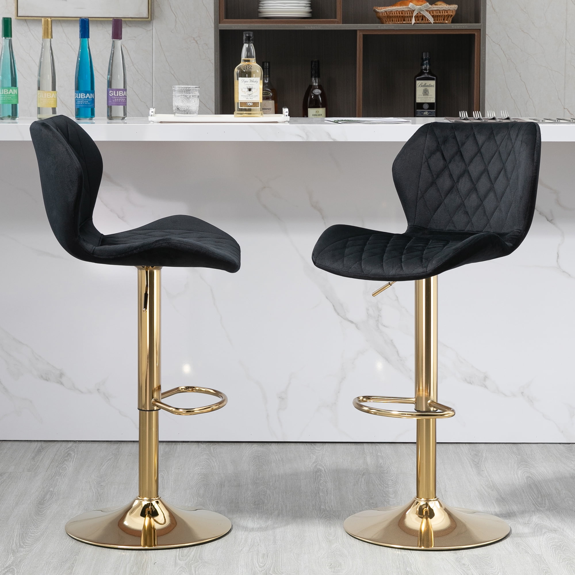 Swivel Bar Stools Set of 2, Velvet Adjustable Barstools with Golden ...