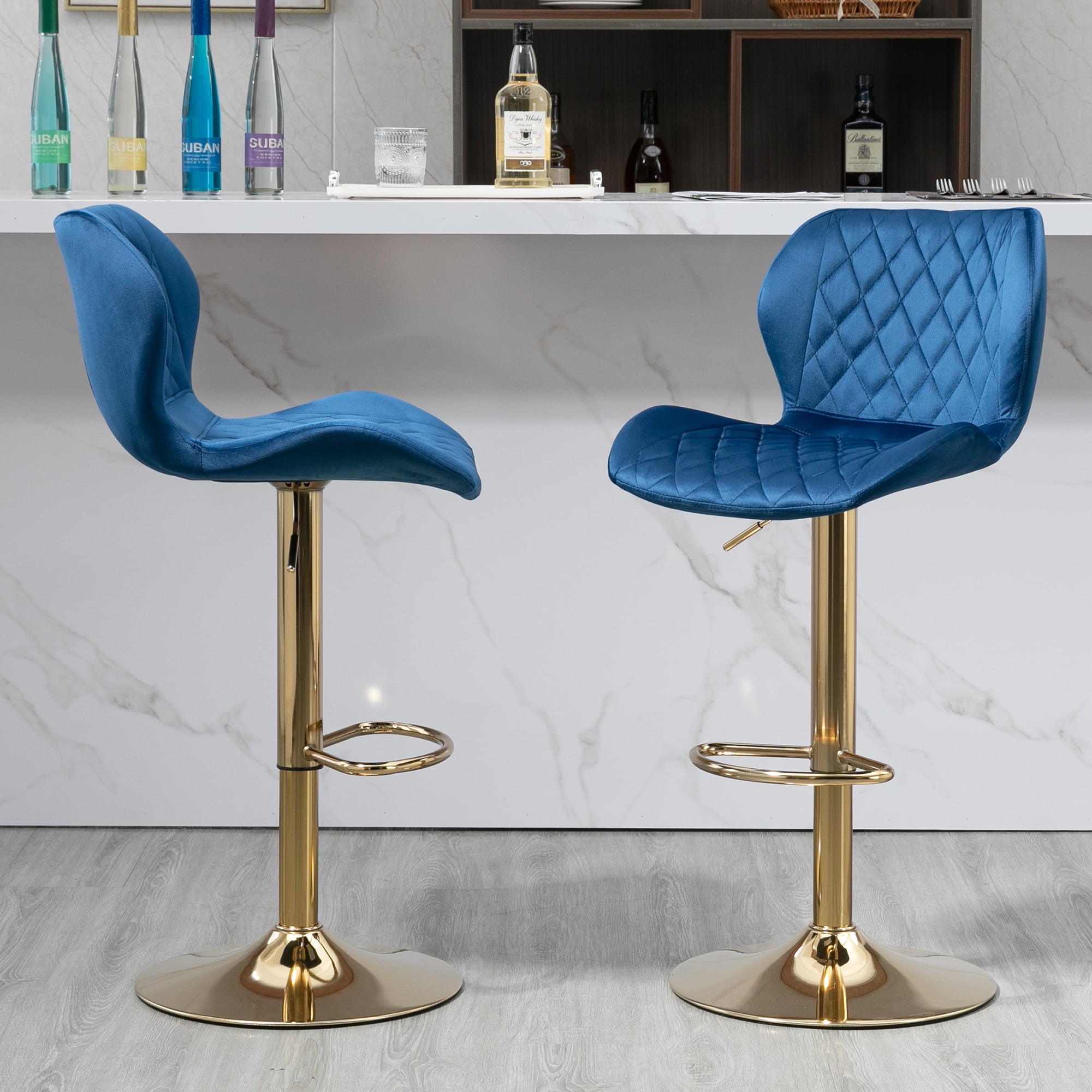 Swivel Bar Stools Set of 2, Velvet Adjustable Barstools with Golden ...